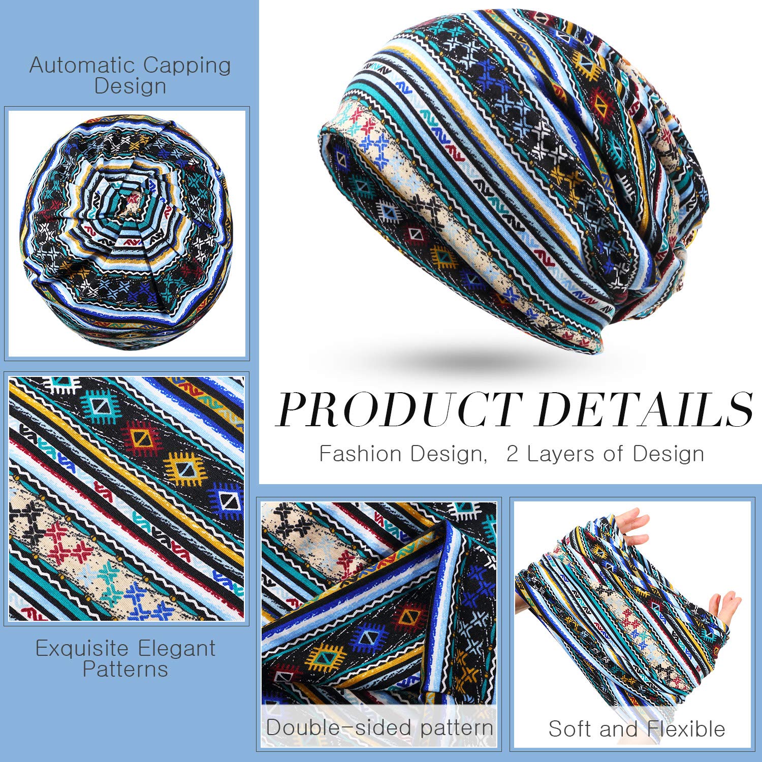 5 Pieces Women's Slouchy Beanie Hat Stretch Turban Hats Cancer Headwear Caps Baggy Skull Sleep Scarf (Striped Style) Multicoloured