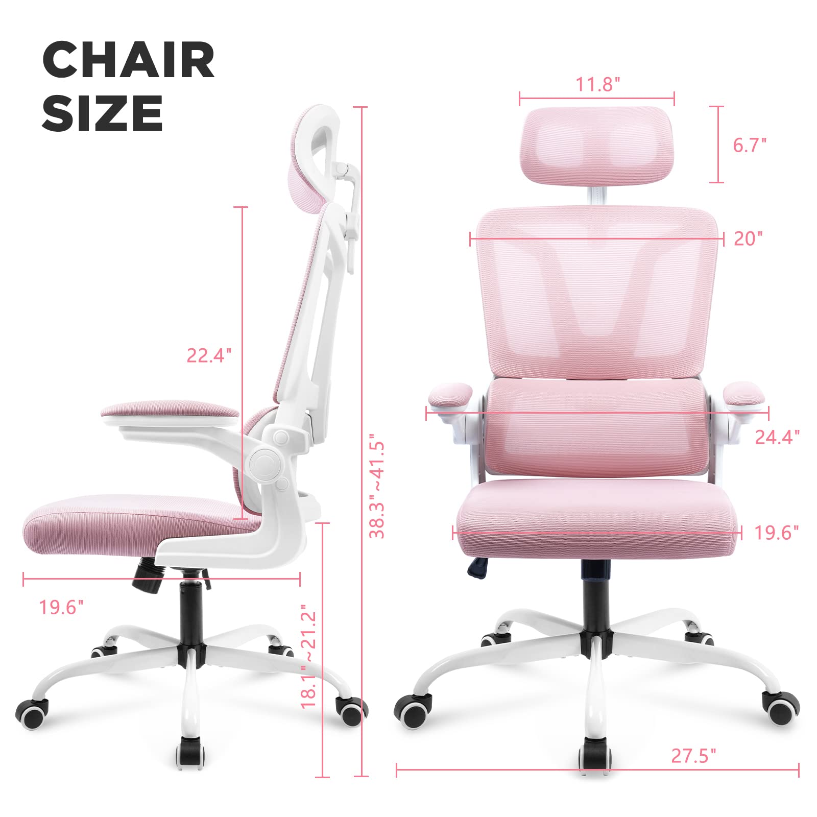 Soontrans Pink Ergonomic Office Chair with Lumbar Support Pillow, Mesh Office Chair with Adjustable Arms & Headrest, Rocking Office Desk Chair, Comfortable Ergonomic Chair