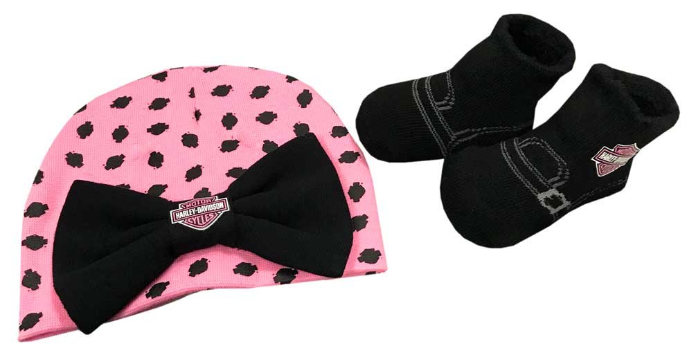 Harley-Davidson Baby Girls' Beanie & Biker Booties Set, Pink & Black 7000881