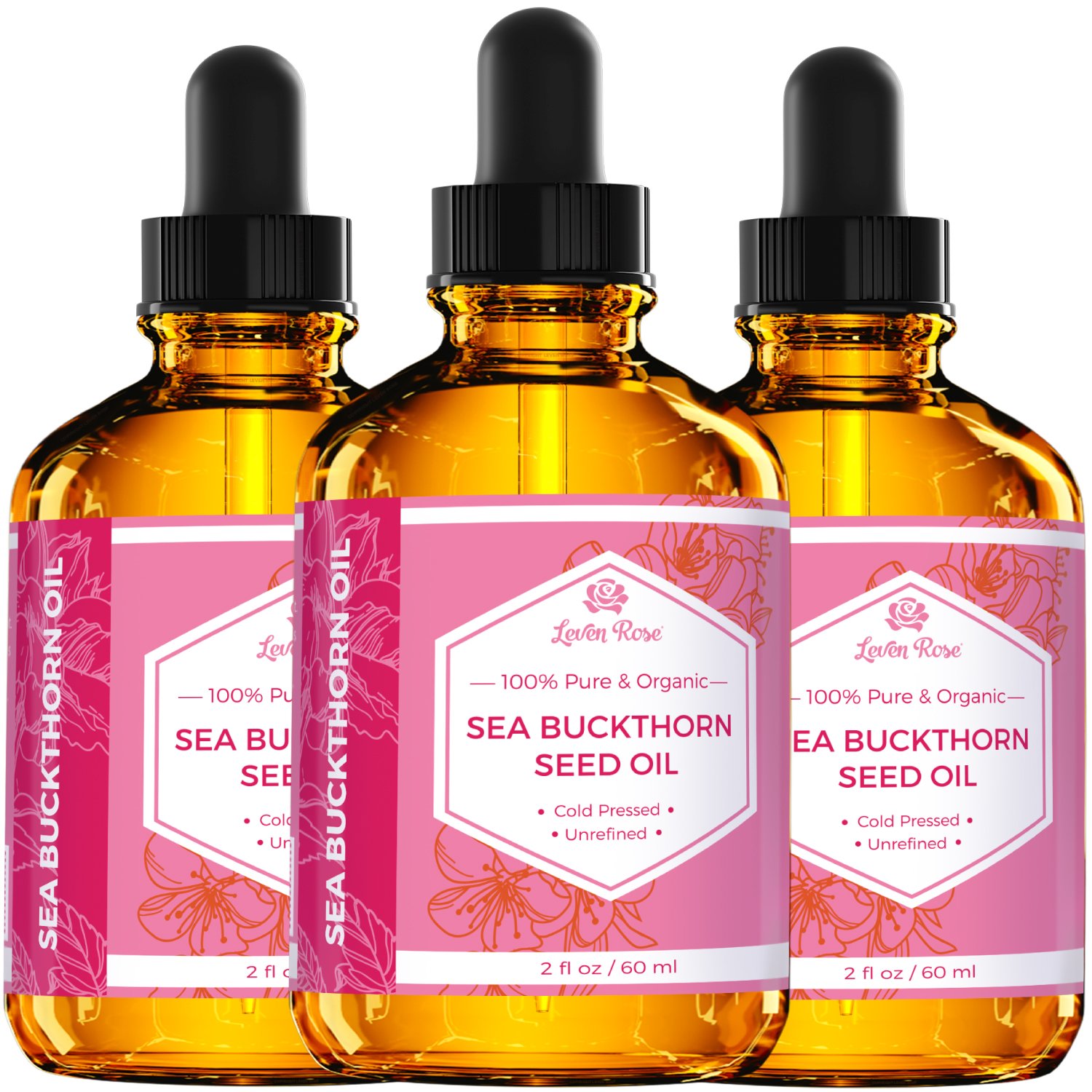 Leven Rose Sea Buckthorn Seed Oil, 100% Pure Unrefined Cold Pressed for Hair Skin and Nails (2 oz)