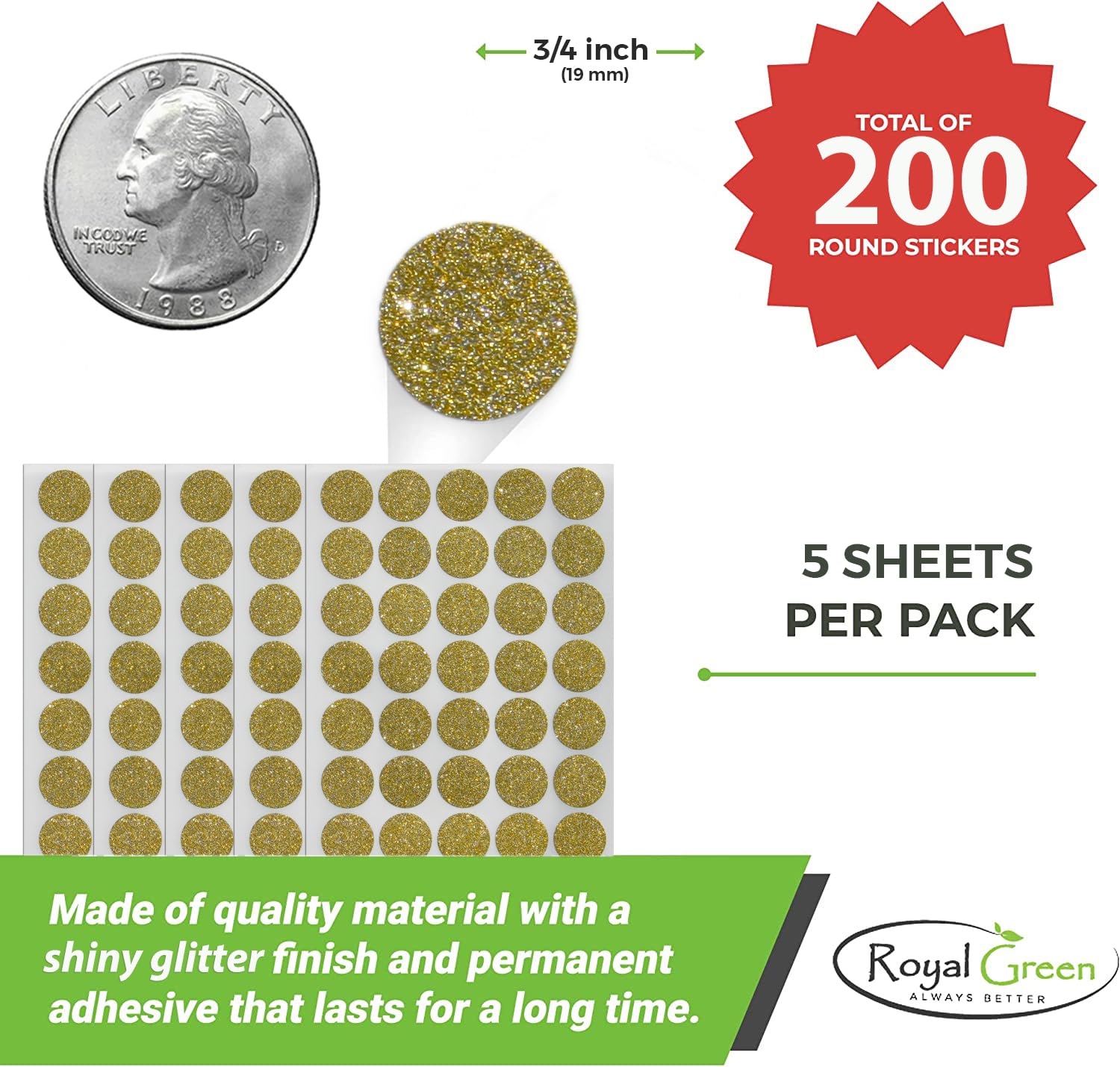 Royal Green Glitter Gold Circle Stickers 3/4 Diameter - Envelope Seals - 0.75 inch 19mm Rounds - 200 Pack