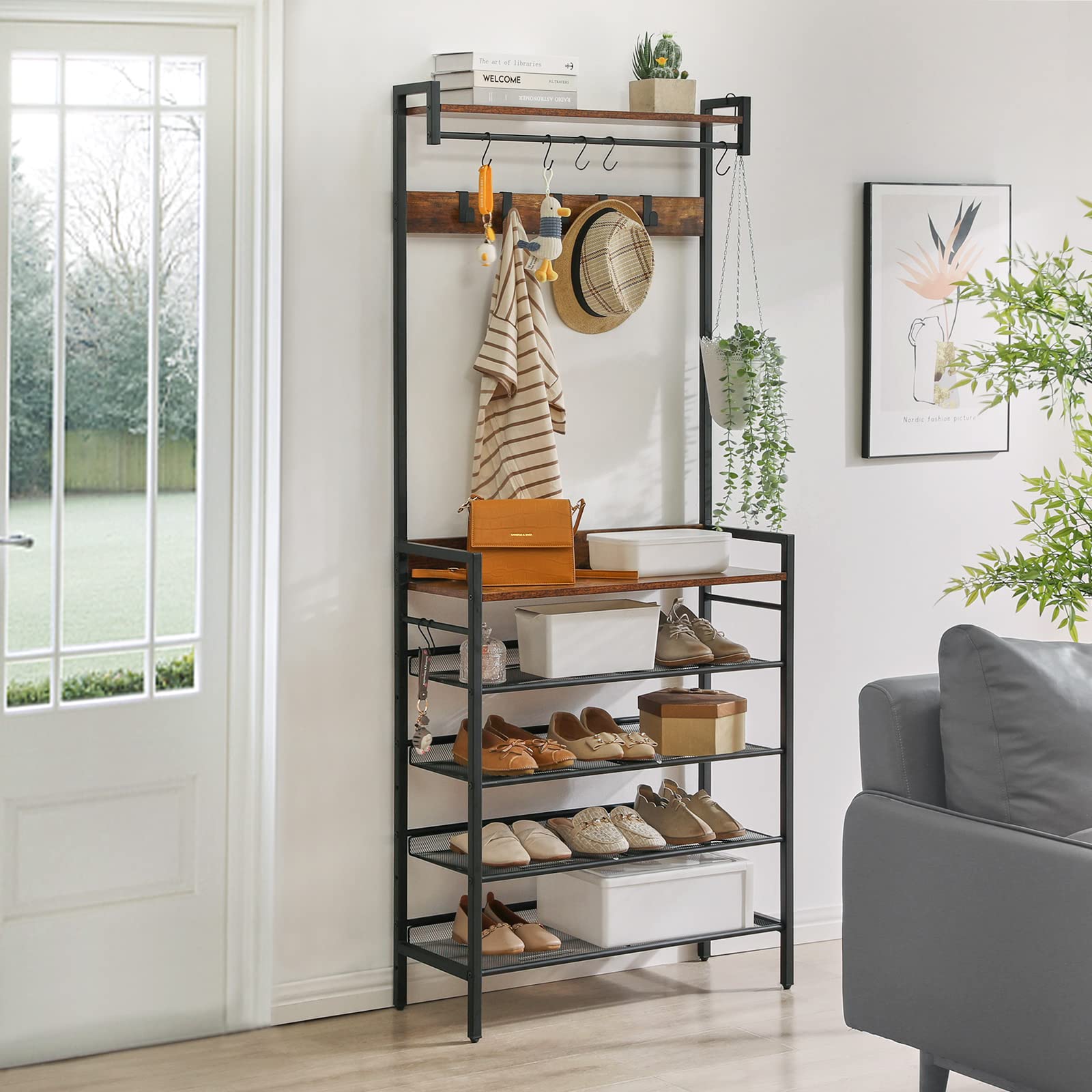 IBUYKE Coat Rack Shoe Rack, 4 in 1 Multi-Function Hall Tree with Slant Adjustable Shoe Storage, 5-Tier Storage Shelf and 9 Hooks Removable, Industrial Accent Furniture for Entryway, UTXJ008H