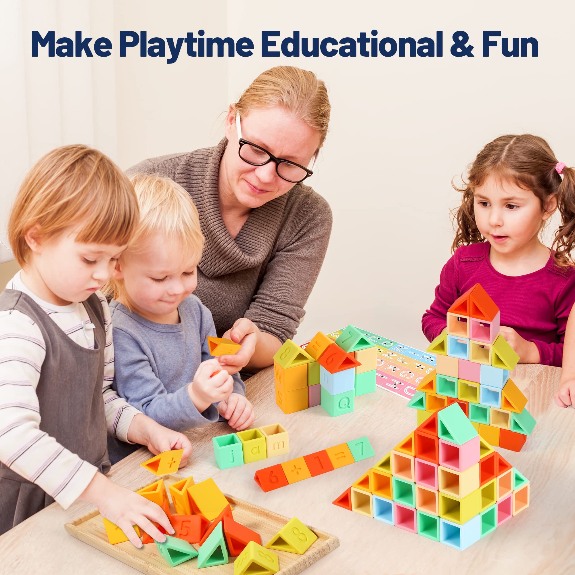 5 in 1 Montessori Silicone Building Blocks Rainbow Stacker Soft Stacking Blocks for Baby