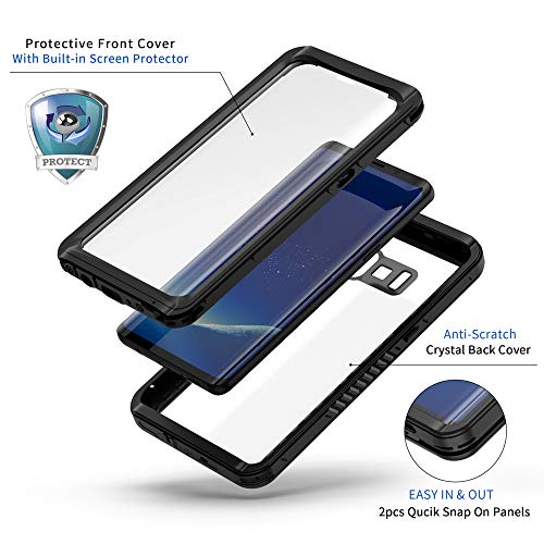 Lanhiem Samsung Galaxy S8 Case, IP68 Waterproof Dustproof Shockproof Case with Built-in Screen Protector, Full Body Sealed Underwater Protective Clear Cover for Samsung S8 (Black)