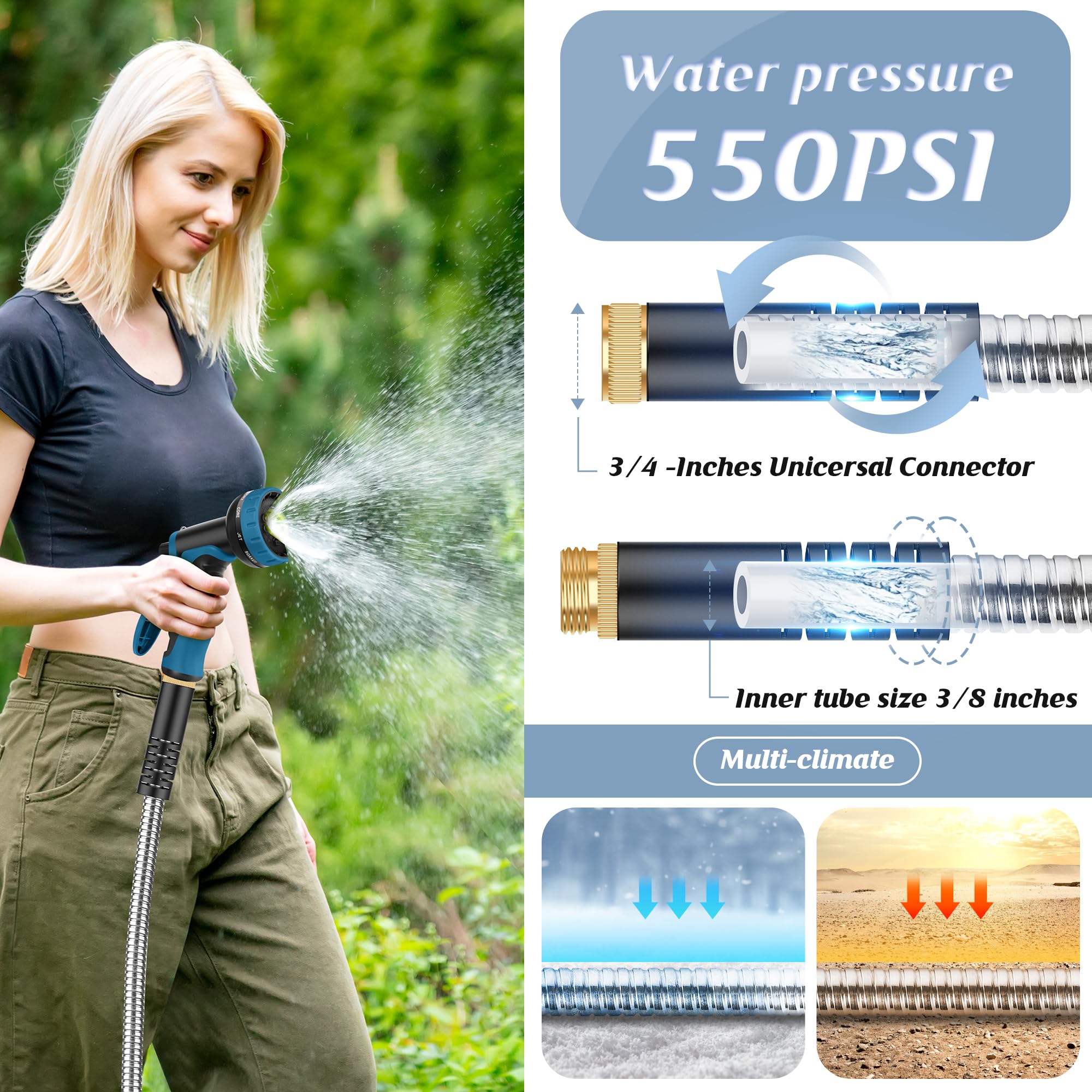 Advinski Garden Hose 100FT, Water Hose with 10 Function Nozzle, Garden Hose Metal with Leak-proof Connectors, No-Kink, Lightweight, Puncture-proof, Pet-proof, Sturdy, 550PSI, Hose for Outdoor, Yard
