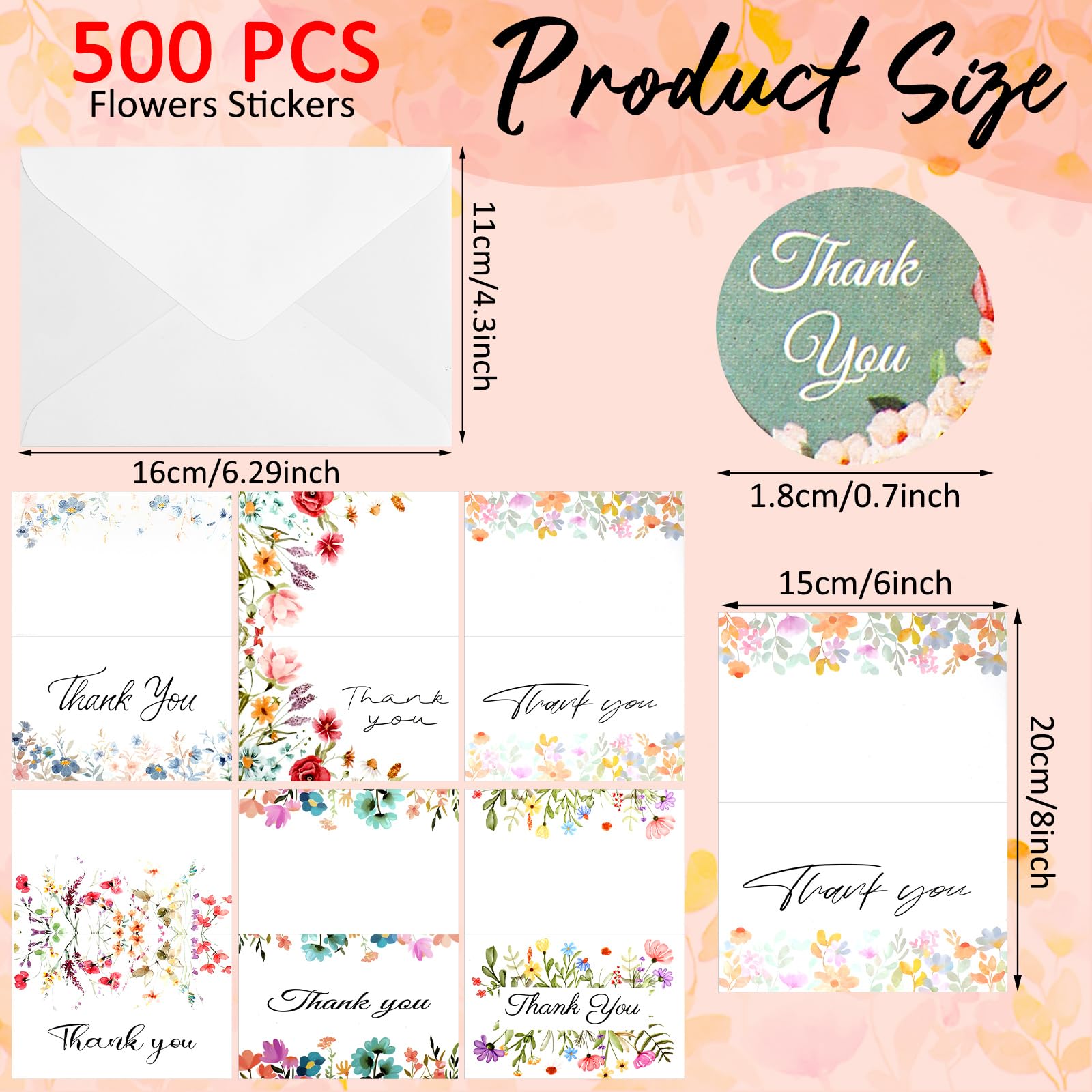 Gueevin 150 Pcs Spring Thank You Cards Bulk with 150 Pcs Envelopes Floral Greeting 16 Pcs Wildflower Stickers for Bridal Shower Note Cards Blank Valentine Gift Cards Birthday Anniversary Romantic Date