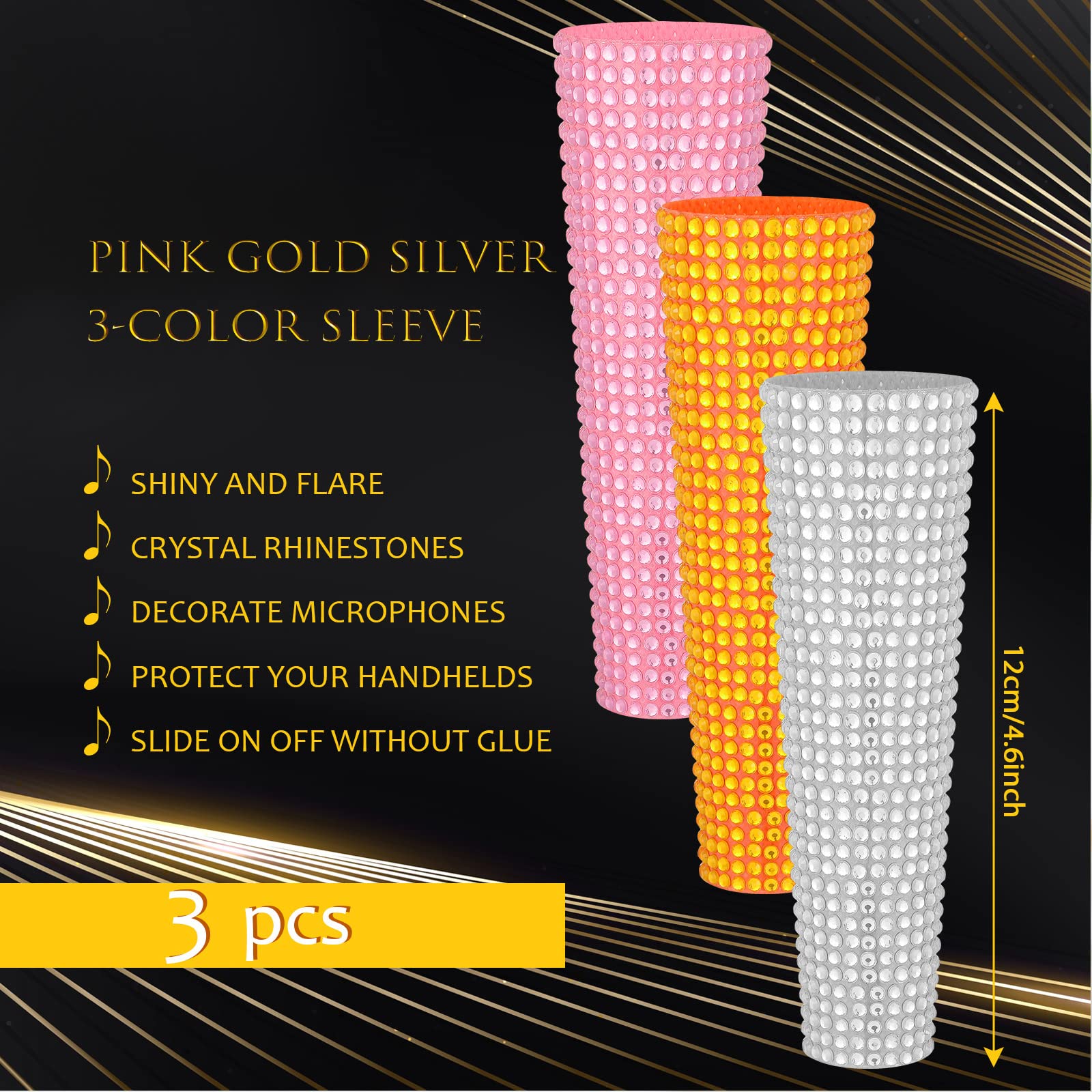 3 Pieces Rhinestones Mic Handle Cover Rhinestone Microphone Sleeve Bling Microphone Sleeve for TV Shows Party Performance Speech Replacement Glitter Microphone Accessories (Silver, Gold, Pink)