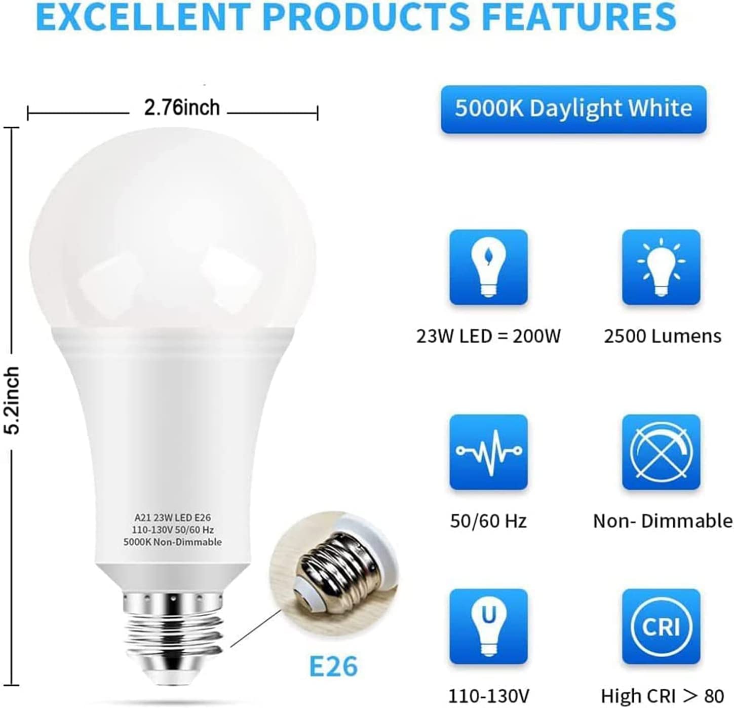 A21 LED Light Bulbs, 150 Watt Equivalent LED Bulbs, Daylight White 5000K, 2500 Lumens, E26 Base, 23W Light Bulbs for Bedroom Living Room Commercial Lighting, Non-Dimmable, Pack of 8
