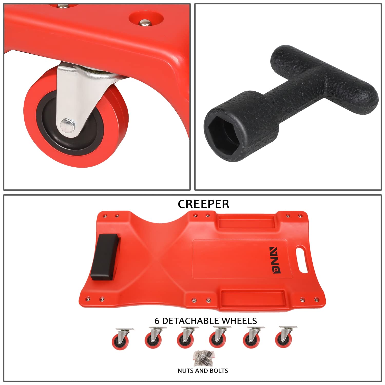 DNA MOTORING TOOLS-00201 36" L X 17" W x 4.25" H Vehicle Repair Low Profile Automotive Creeper w/Padded Headrest, Red