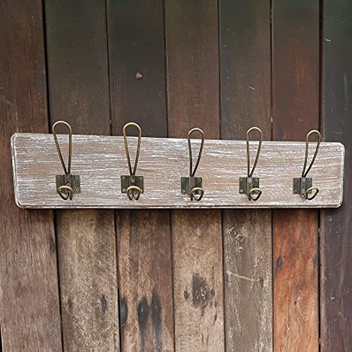 WRIGHTMART Wooden Coat Rack Wall Mounted with 5 Hanger Hook, for Porch, Kitchen, Bedroom, Hallway, Antique Farmhouse Rustic Character, Mahogany Wood, (Aged Whitewash Bronze Hook)