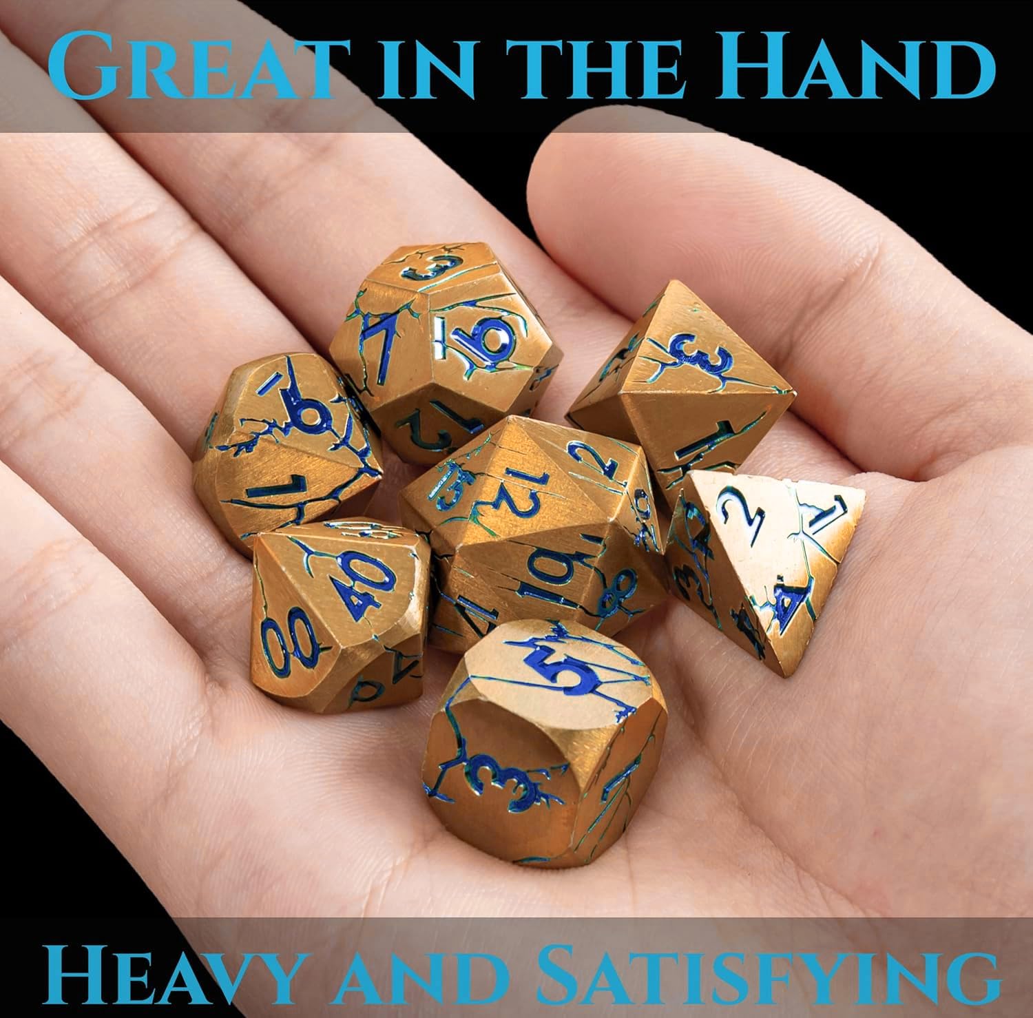 DND Metal Dice - Pharaoh Ruins Gold with Blue Cracks - Polyhedral Dice Set for D&D, RPG and More - Beautifully Detailed for Dungeons and Dragons
