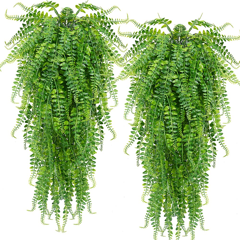 CLONG 2 pcs Artificial Hanging Ferns Plants Vine Fake Ivy Boston Outdoor UV Resistant Plastic Plants (Green)