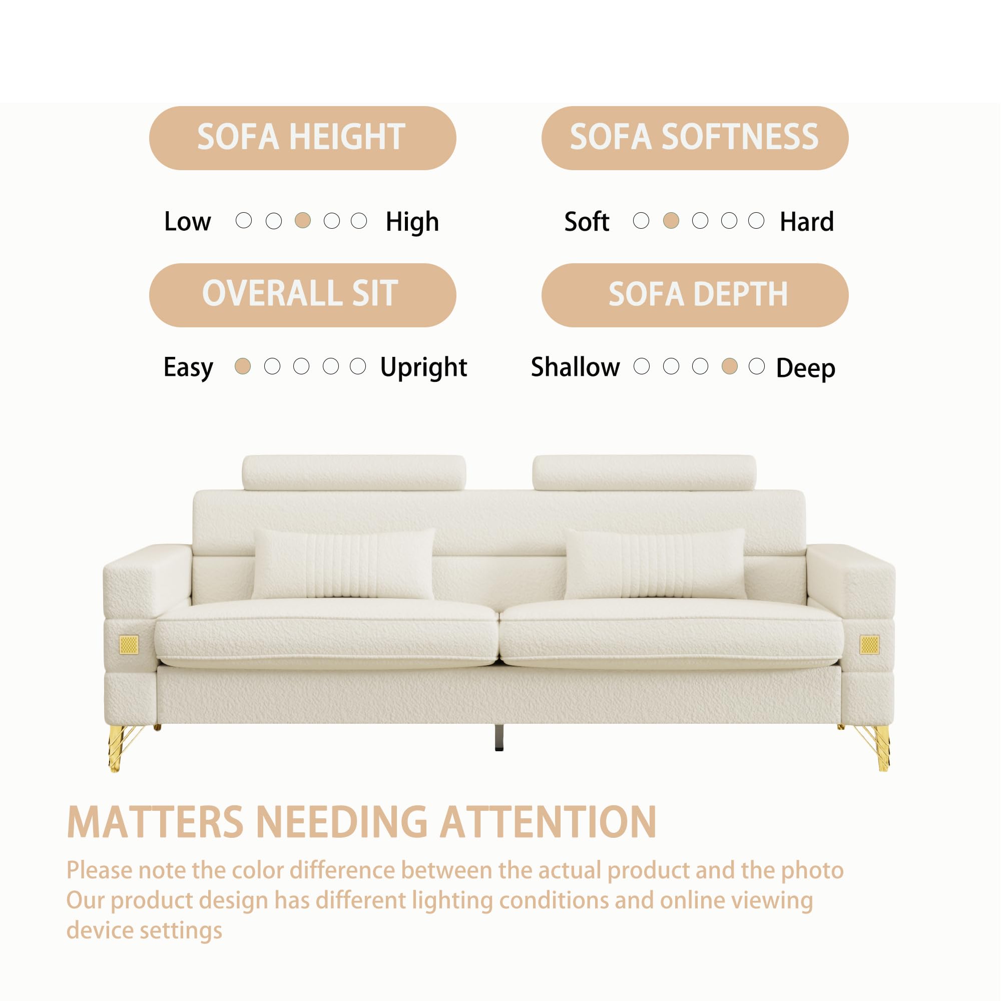 85 in 3-Seat Couch Velvet Couch, Mid Century Modern Couch Love Seats with Solid Wood Frame & 2 Same Color Pillows & Gold Couch Legs, Velvet Sofa Comfy Couch for Large Living Room Space(P17-White)