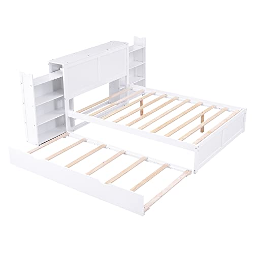 BIADNBZ Full Size Storage Platform Bed with Pull Out Shelves and Twin Size Trundle, Wooden Bedframe with Headboard, for Kids Teens Adults Bedroom, White