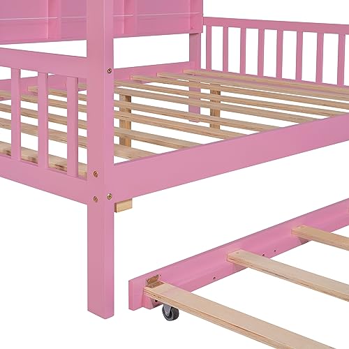 BIADNBZ Full Size House Platform Bed with Trundle and Storage Shelves, Wooden Daybed with Roof, Sofabed Frame for Kids/Teens Bedroom, Pink
