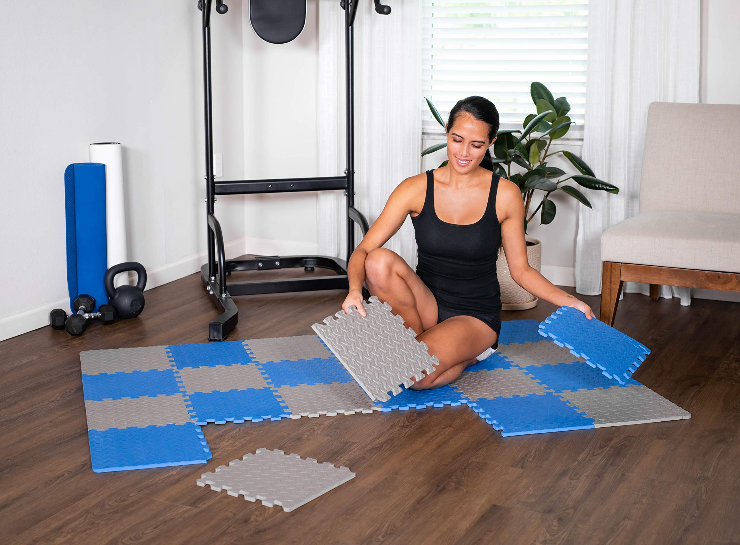 9HORN Exercise Mat/Protective Flooring Mats with EVA Foam Interlocking Tiles and Edge Pieces Suitable for Gym Equipment, Yoga, Surface Protection