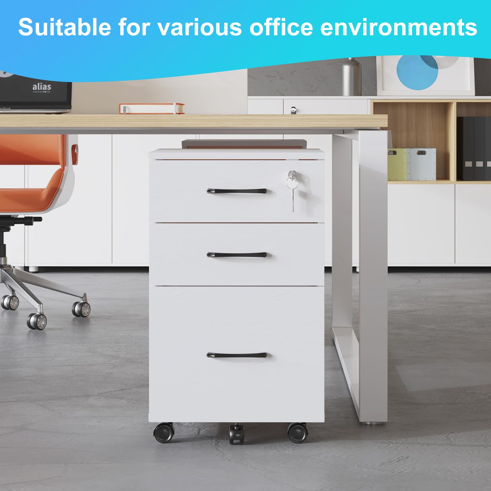 3 Drawer Wood Mobile File Cabinet with 1 Lock, Under Desk File Cabinet with 5 Wheels, Rolling Filing Cabinet for Home Office, Filing Cabinet Organizer, for Letter Sized Documents (White)