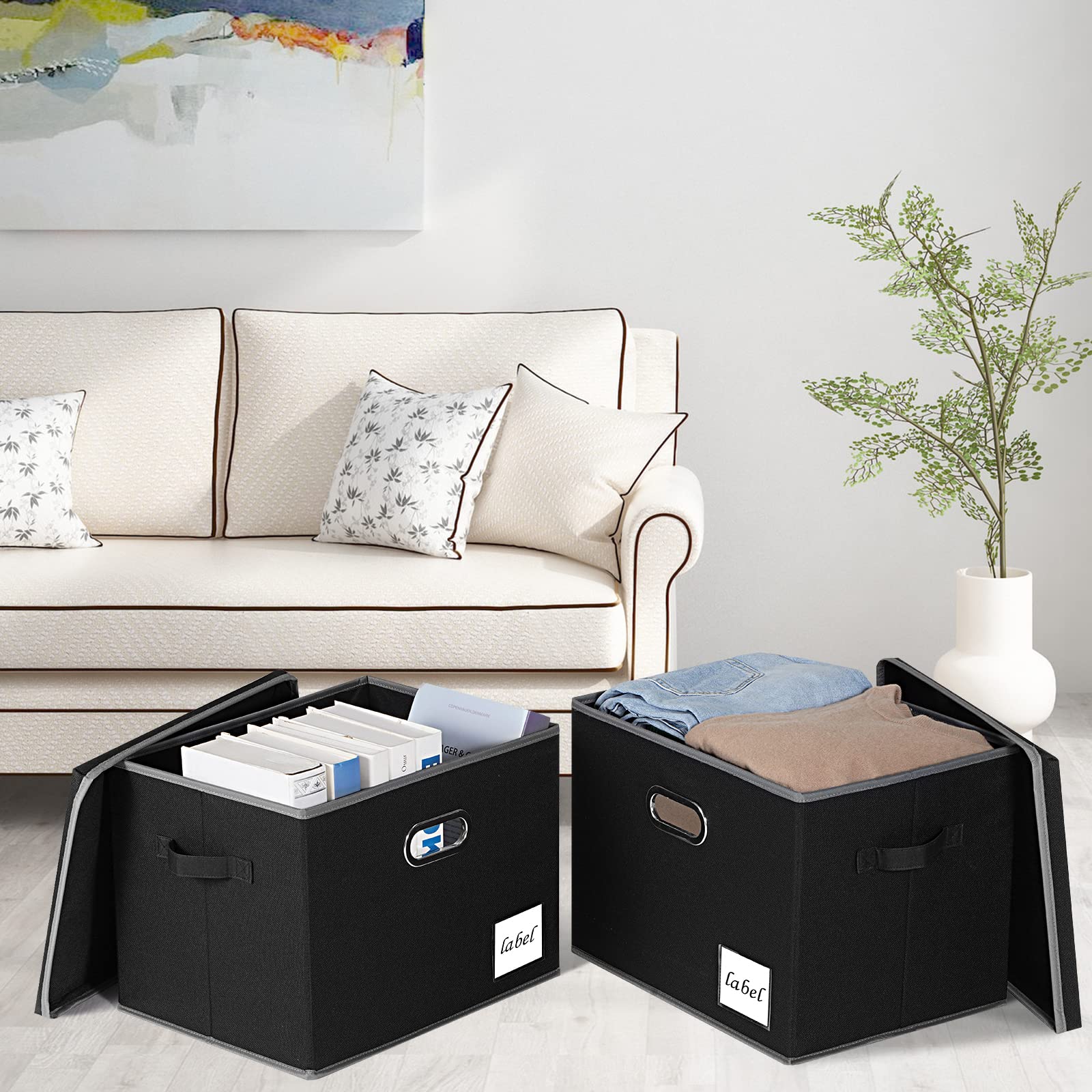 PFFVRP Extra Large Storage Bins with Lids, 16"x12"x12" Foldable Linen Fabric Storage Boxes with Lids, Storage Basket with Lid with Handles and Label, Storage Bin for Living Room Closet Office (Black)