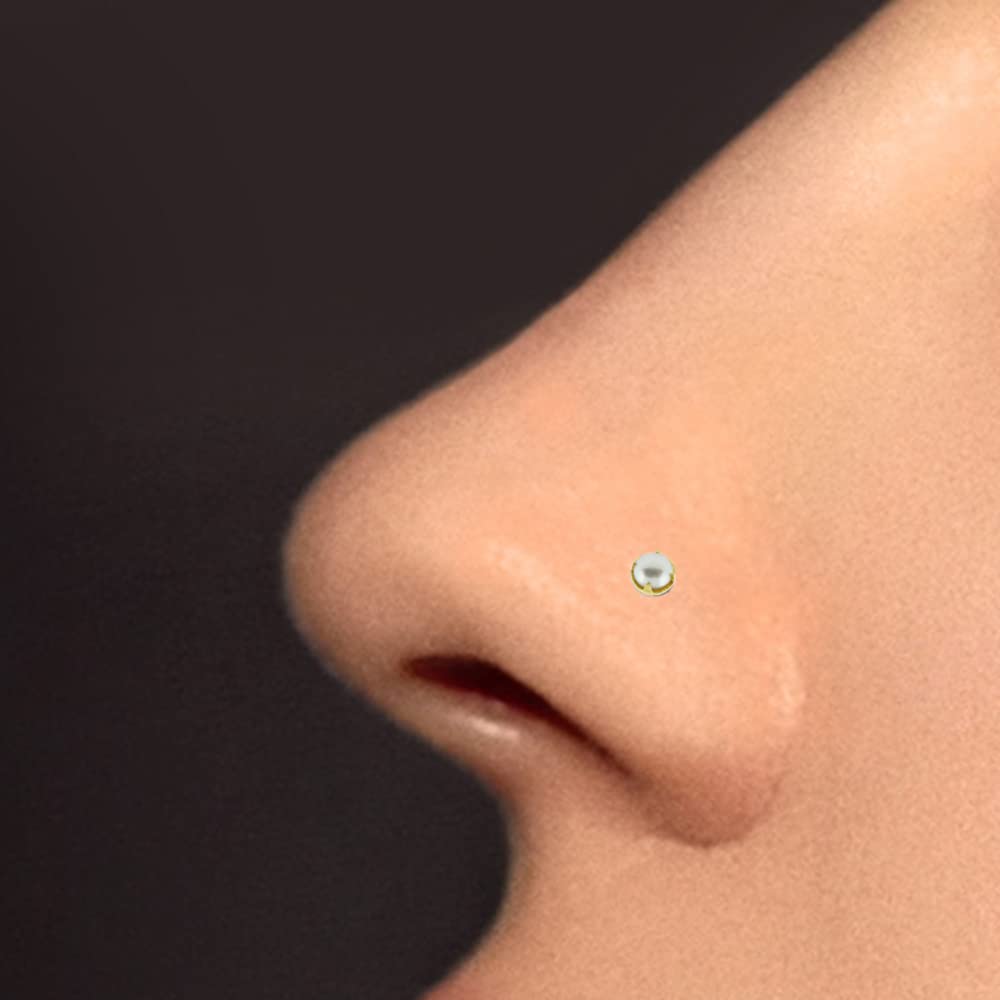 9K Solid Yellow Gold Claw Set 2MM Natural Pearl 22 Gauge L Bend Nose Stud Piercing Jewelry