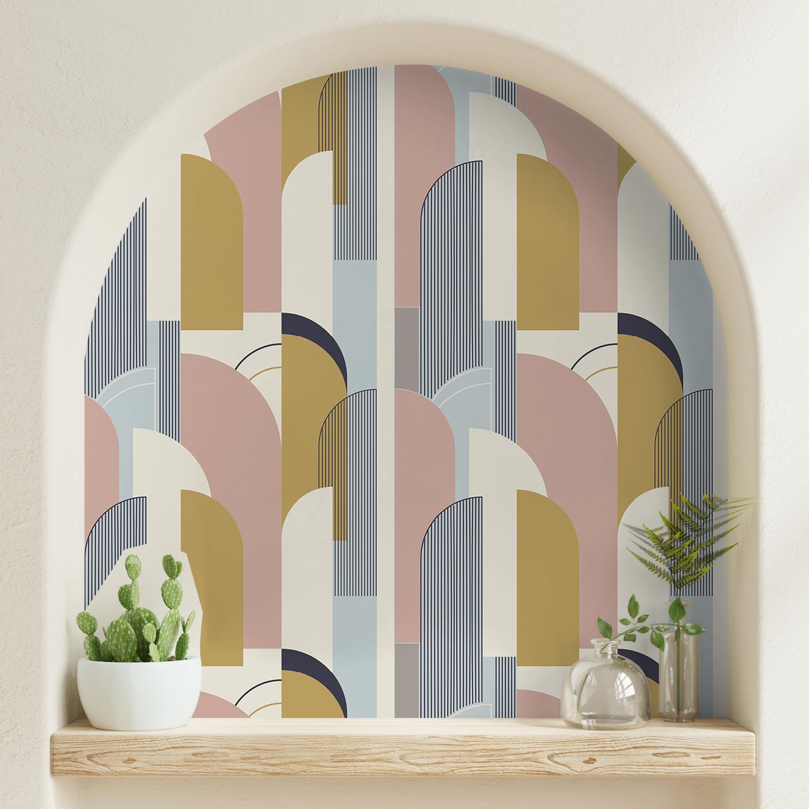 VEELIKE 17.7''x354'' Abstract Arches Geometric Wallpaper Peel and Stick Boho Geometric Contact Paper for Accent Walls Removable Modern Wallpaper Self Adhesive Art Wall Mural for Bedroom Bathroom