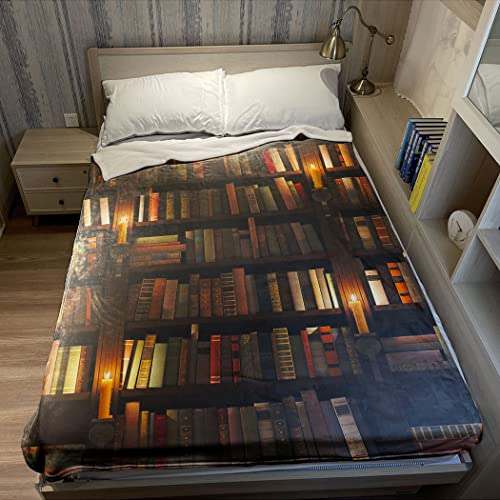 XSMEI Vintage Library Blanket Soft Warm Flannel Plush Throw Blankets Vintage Bookshelf with Candle Lighting,60 x 80 Inch