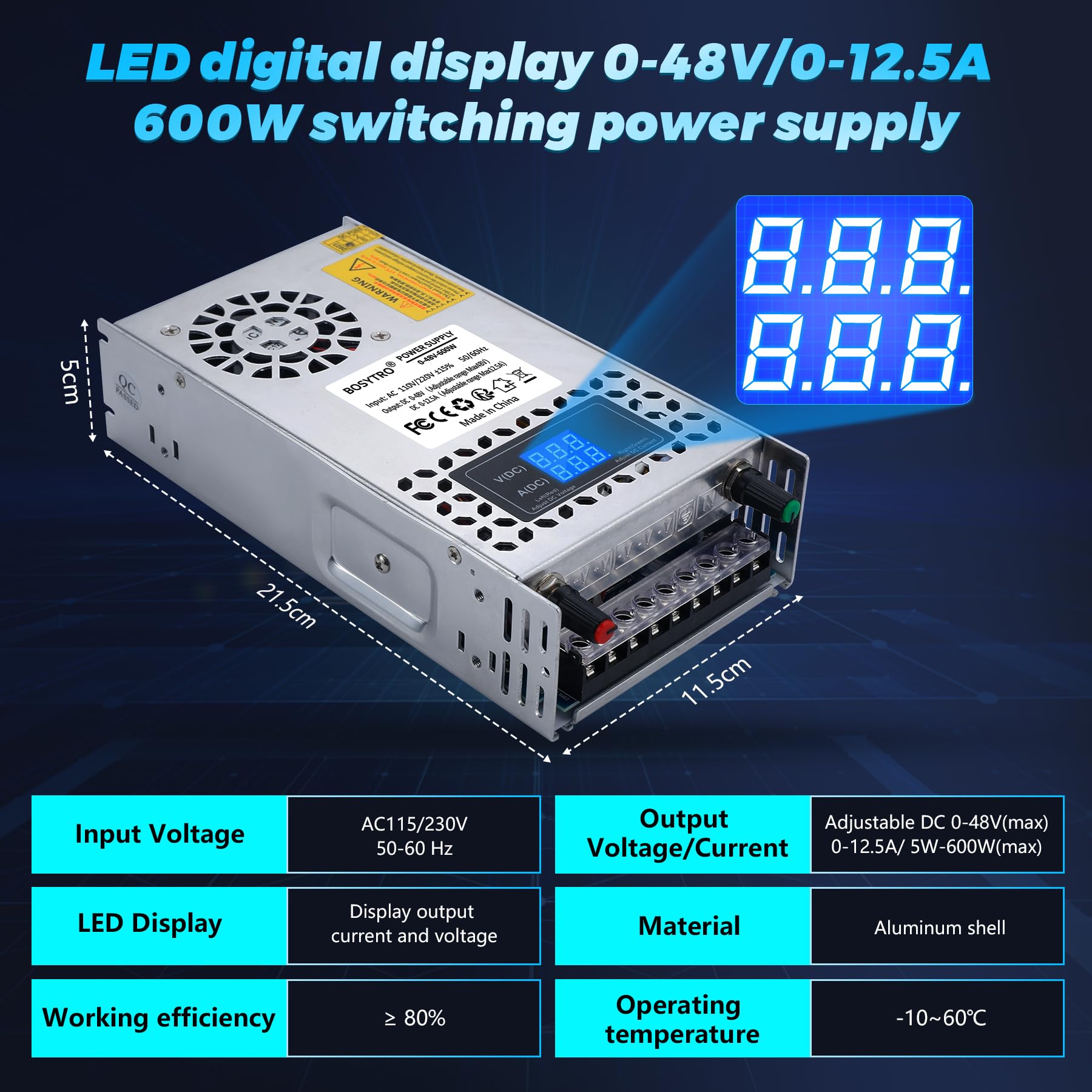 BOSYTRO 48V Adjustable dc Power Supply 600W,Switching Power Supply AC 110V/220V to DC 0-48V DC Converter with LED Digital Display, 5V 24V 36V Buck Converter for Dimmable LEDs,3D Printer,Computer Lab