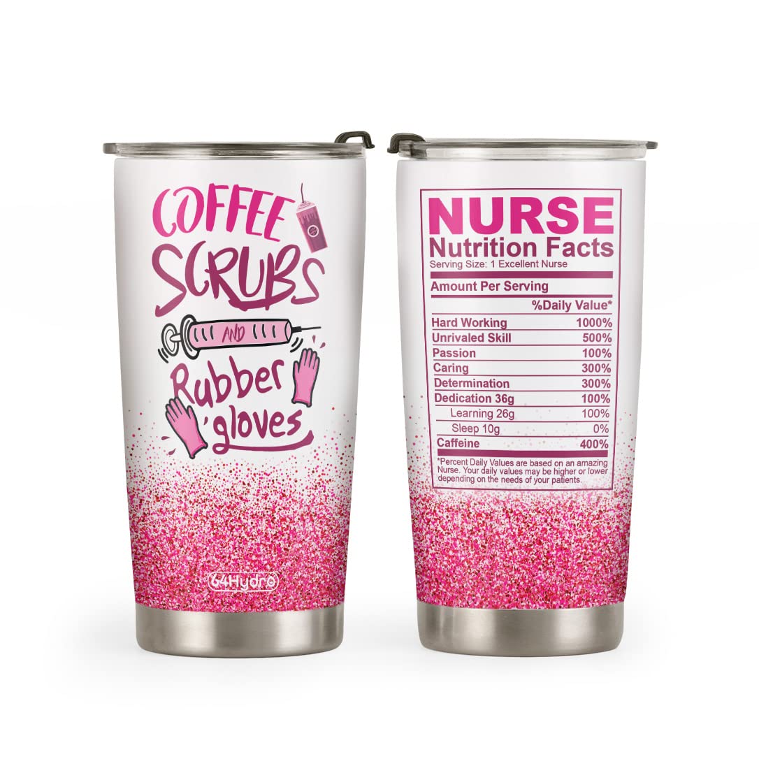64HYDRO 20oz Coffee Scrubs and Rubber Gloves Nurse Nutrition Facts Inspiration Motivation Tumbler Cup with Lid, Double Wall Vacuum Sporty Thermos Insulated Travel Coffee Mug - THA0503002Z