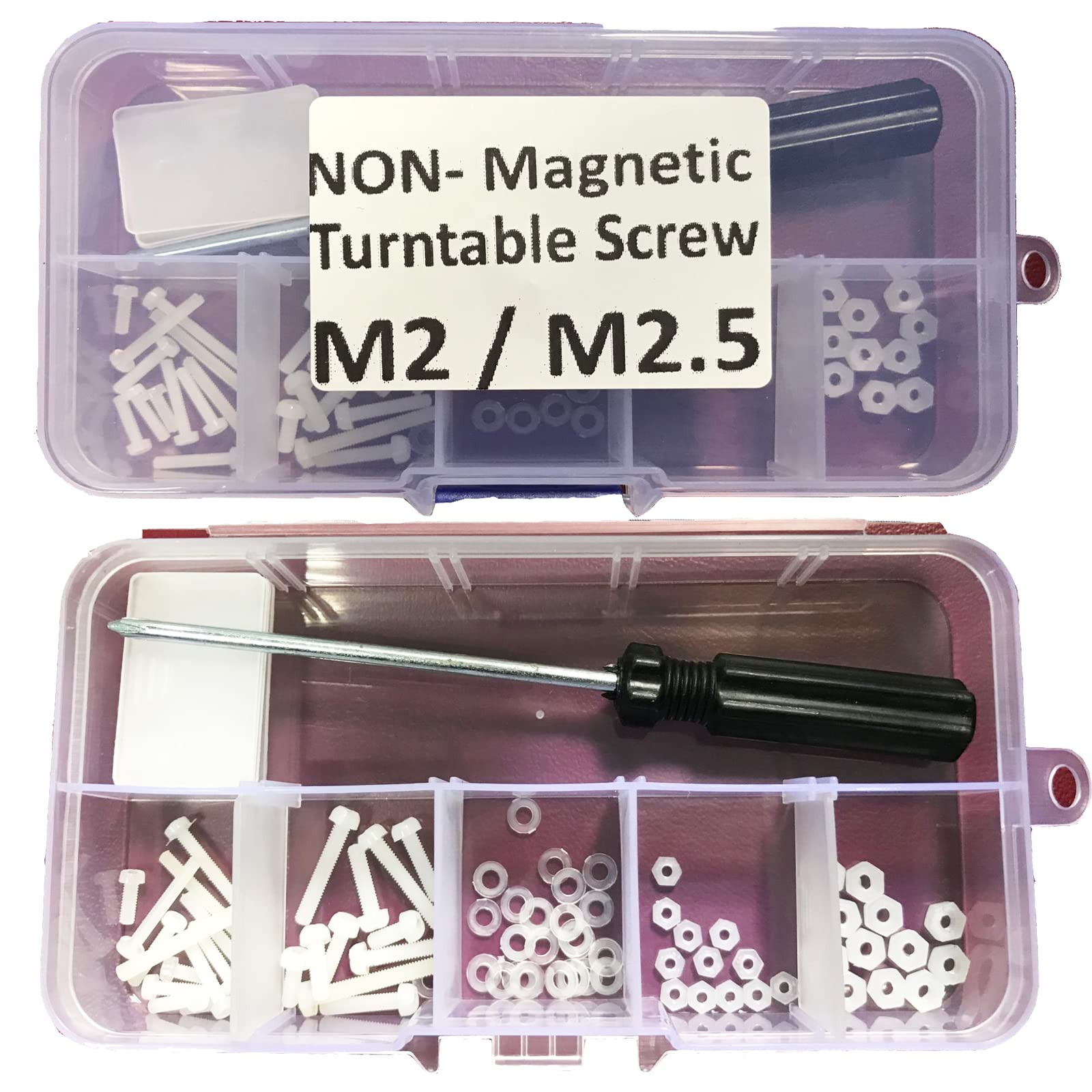 73 Pieces Non-Magnetic Nylon Round Head Bolt Screw Nut Washer Assortment Kit with Screwdriver and Storage Box - M2 M2.5 (6mm-20mm)for Most Turntable Cartridge Headshell Mounting