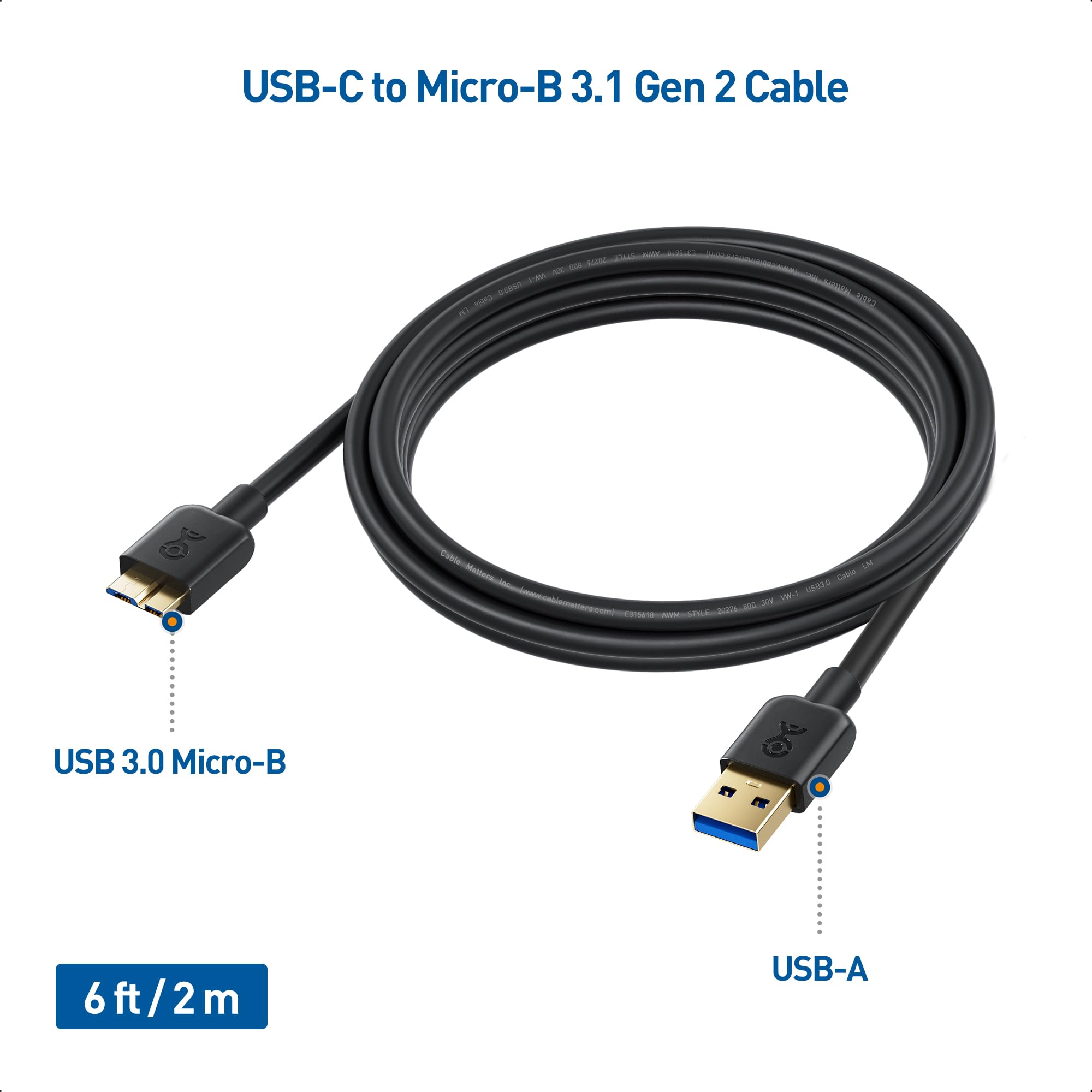 Cable Matters 2-Pack Micro USB 3.0 Cable 6 ft (External Hard Drive Cable, USB to USB Micro B Cable) in Black, Compatible with Seagate, LaCie, Toshiba, Samsung, Western Digital/WD External Hard Drive