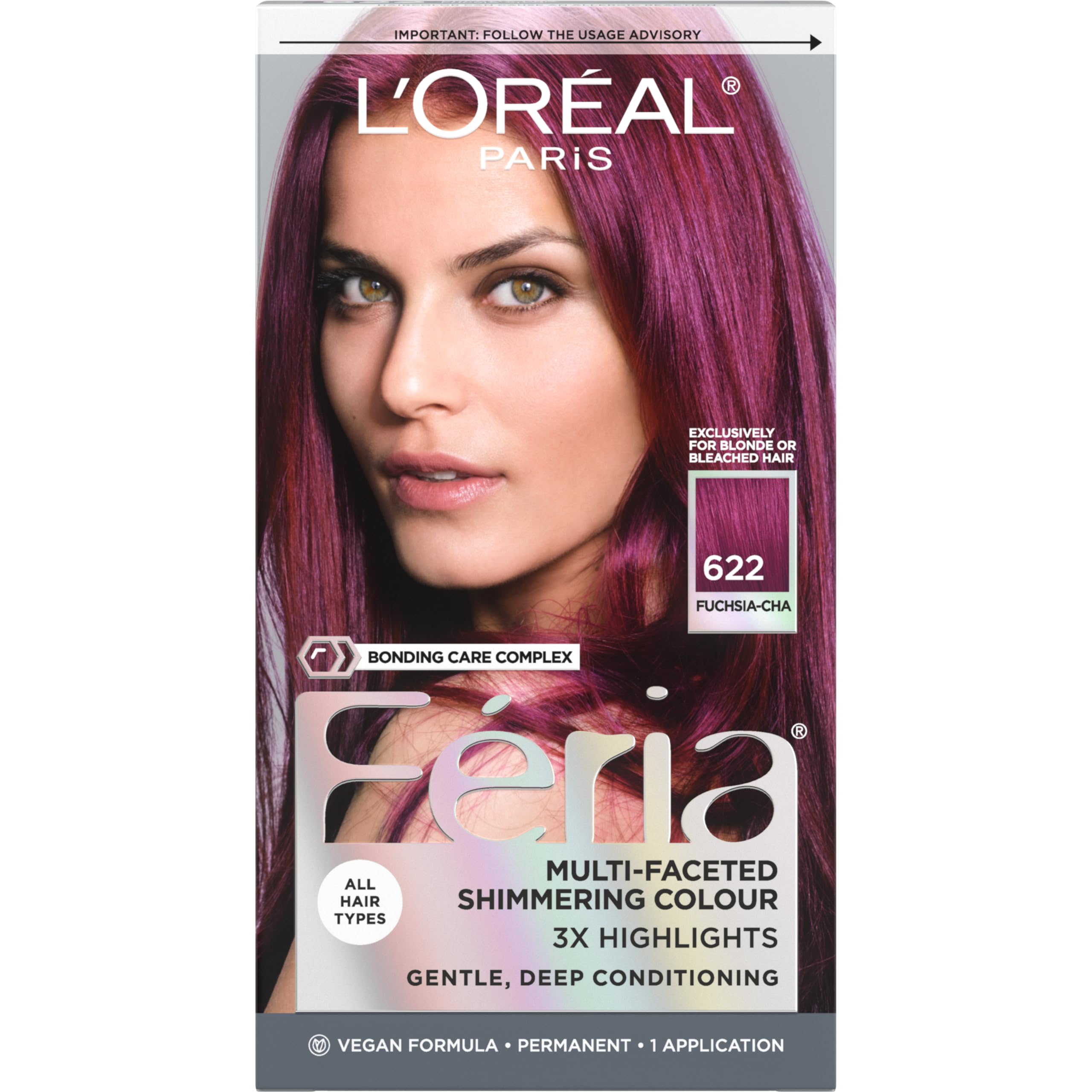 LâOrĂ©al Paris Feria Multi-Faceted Shimmering Permanent Hair Color, 622 Fuchsia-cha, Pack of 1 Hair Dye Kit