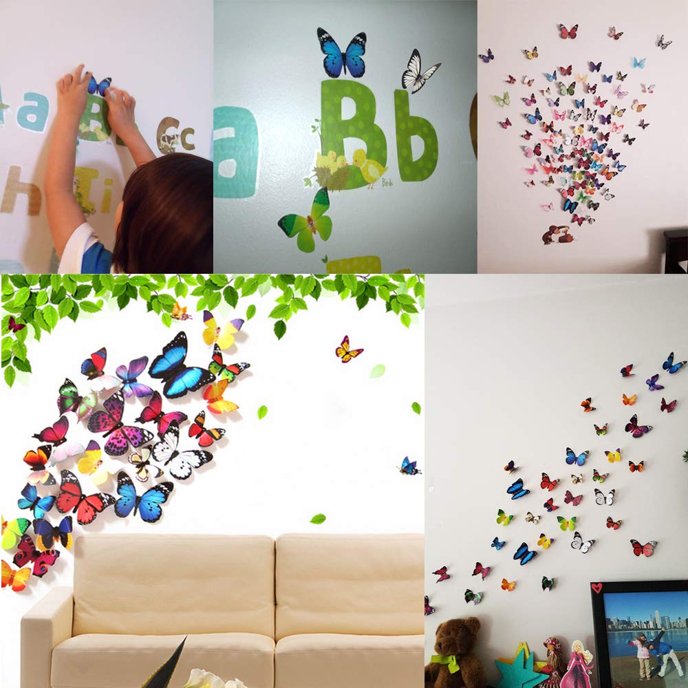 Heansun 90 PCS Butterfly Wall Decals Dragonfly, 3D Butterflies Removable Mural Stickers Wall Stickers Decal for Home Room Bedroom Nursery Decor