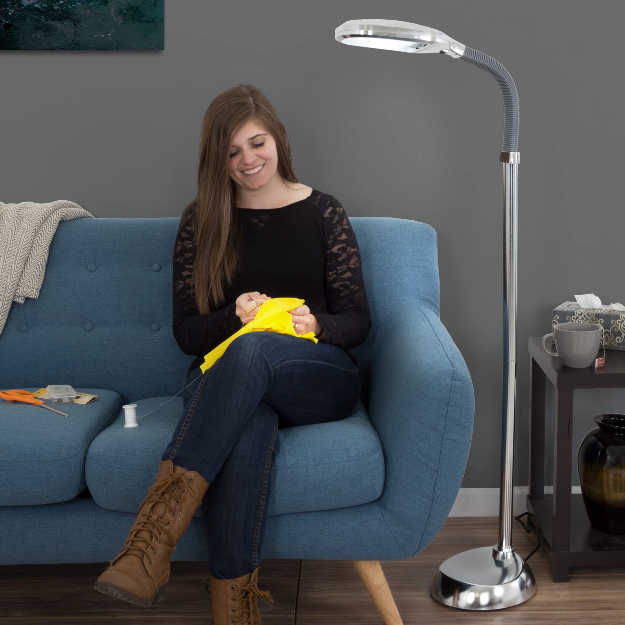 Adjustable Floor Lamp β Full Spectrum Natural Sunlight Lamp with Bendable Neck - Reading, Crafts, Esthetician Floor Light by Lavish Home (Chrome)