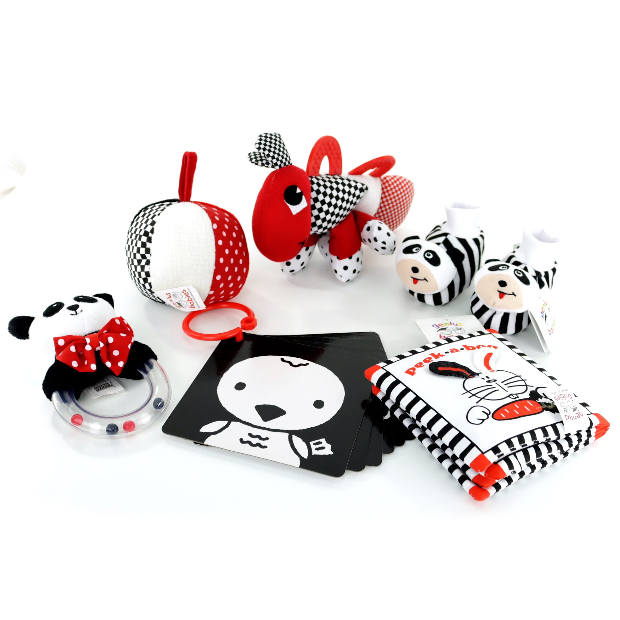 Genius Baby Toys | Brilliant Beginnings Infant Toys Gift Set and Bundle, 6 ct Includes Teether, Rattle, Jingle Ball, Rattle Booties, Cloth Book and Flashcards