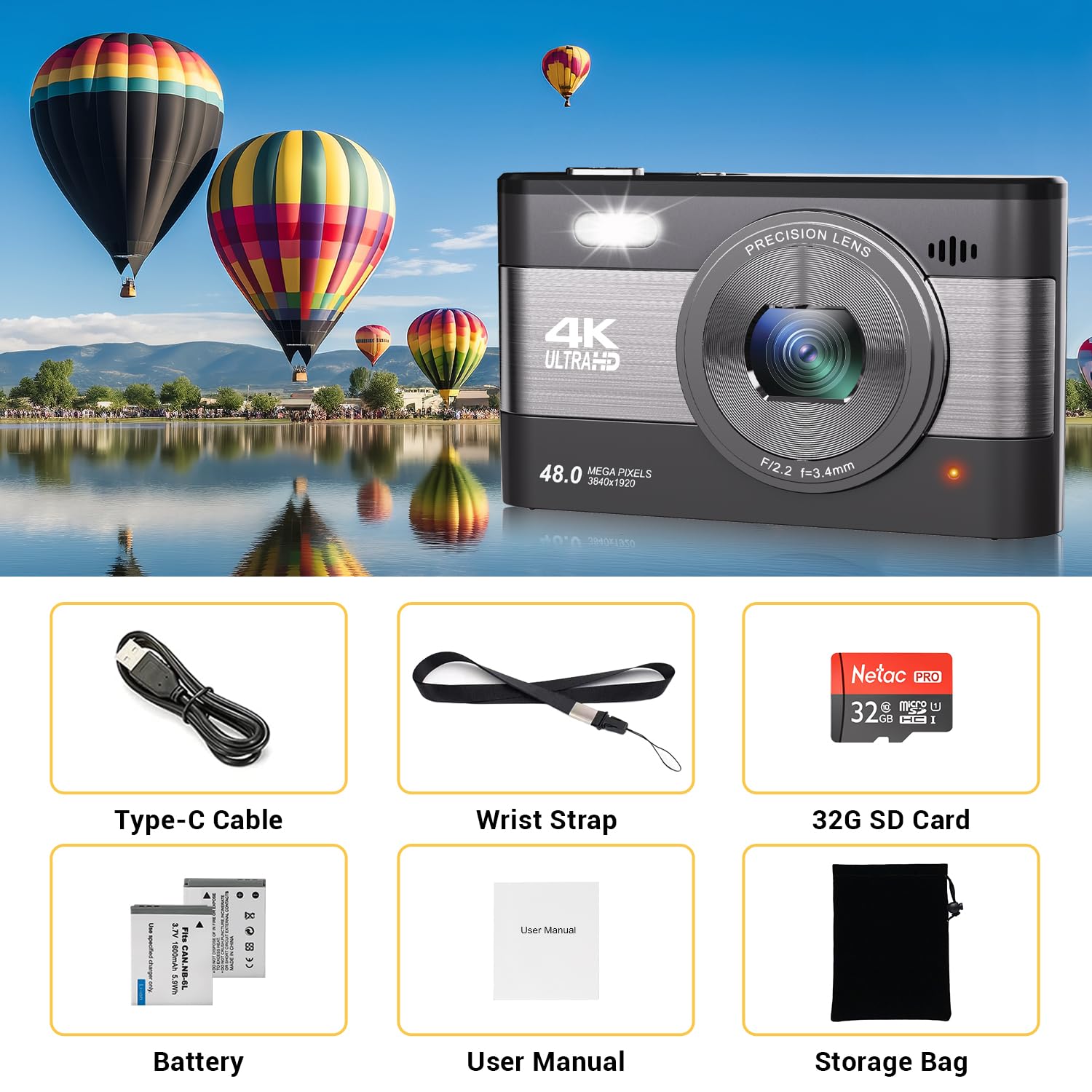 4K Digital Camera, 48MP Vlogging Camera for Photography YouTube Compact Travel Camera with Flash,18X Digital Zoom, Anti Shake 32G SD Card and 2 Batteries