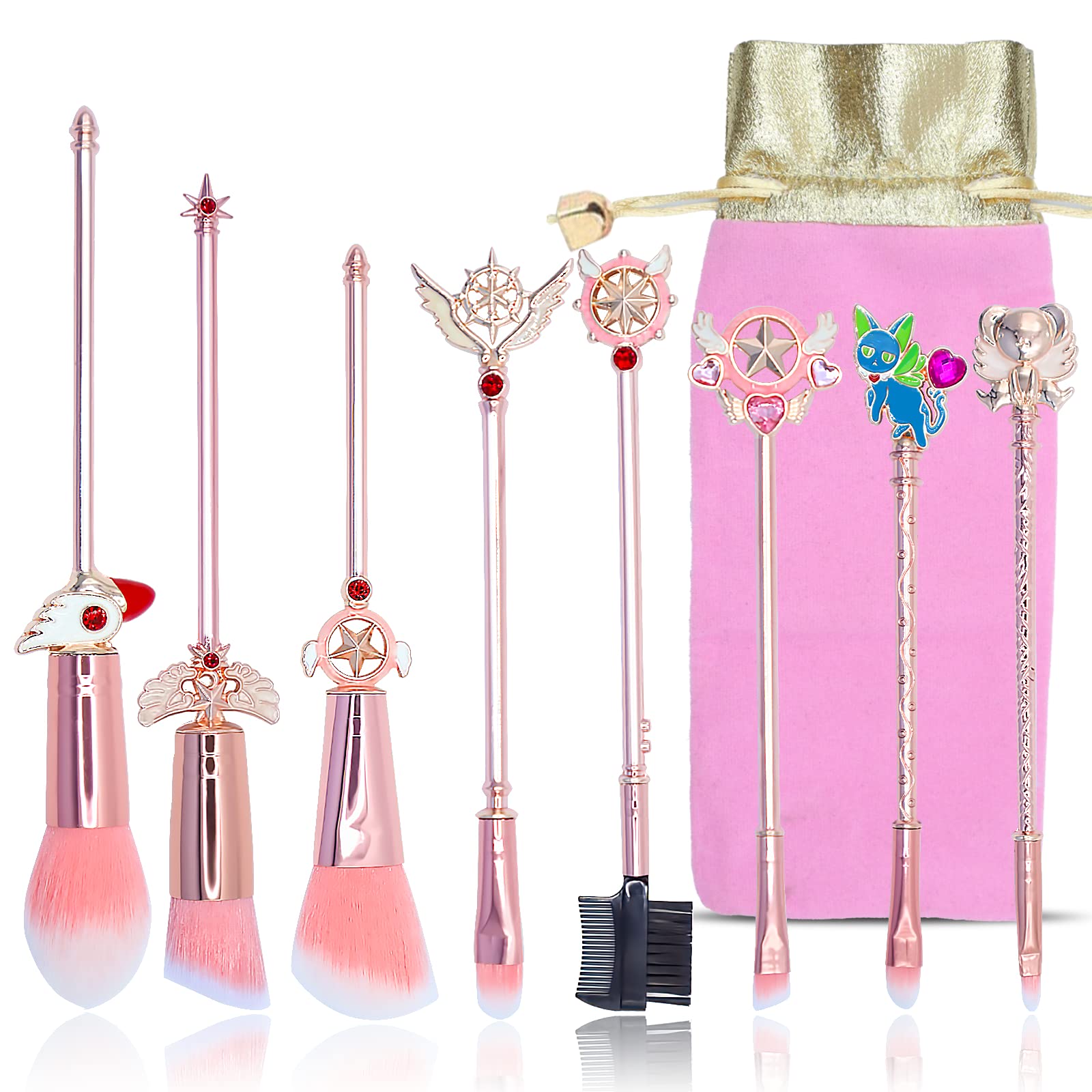 8Pcs Cardcapto Sakor Makeup Brushes Set, Rose Gold Anime Series Cosmetic Makeup Tool Kit Set with Pink Drawstring Bag