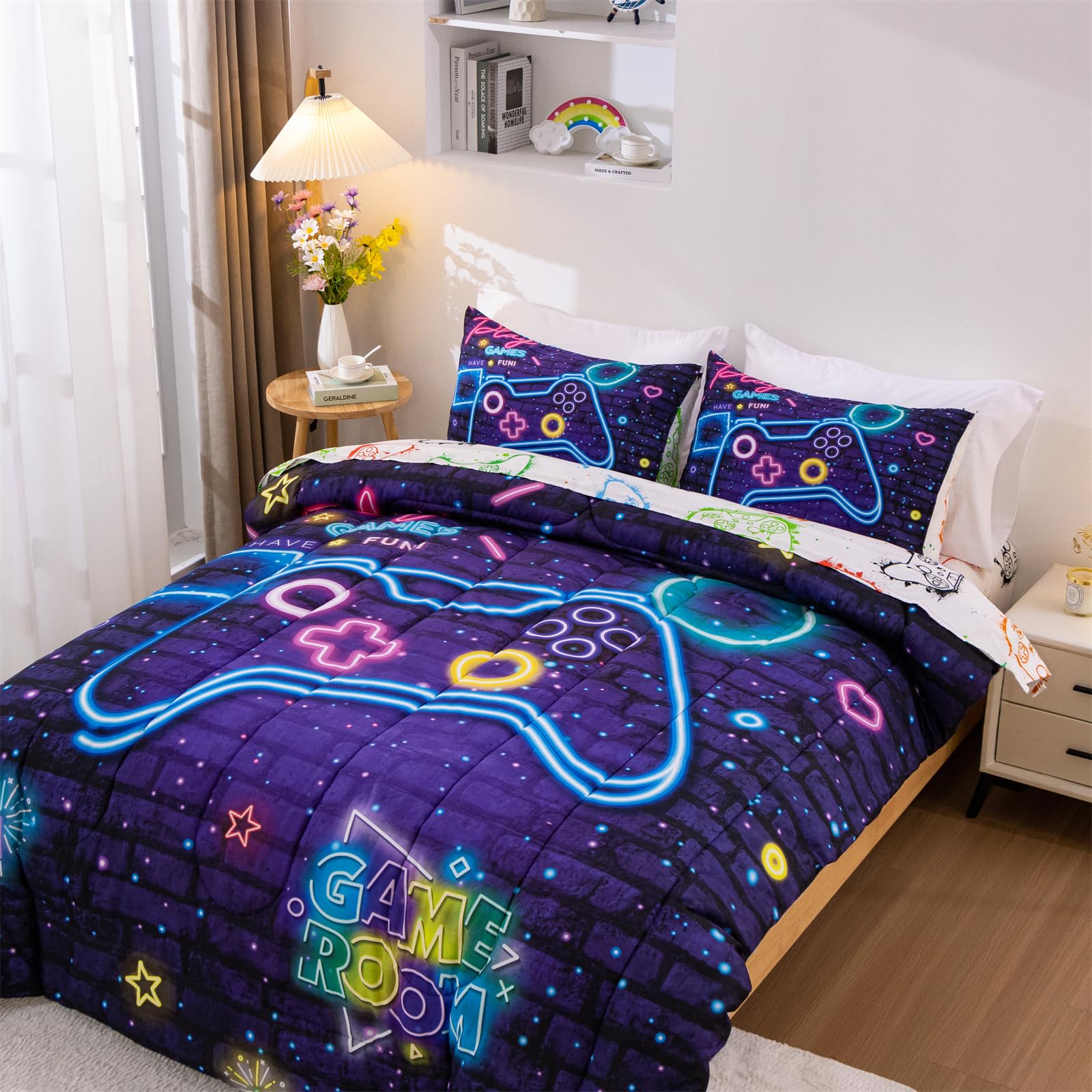 Aimuan Gamer Bedding Sets for Boys Kids Gaming Comforter Sets Video Games Console Action Buttons Gamepad Controller Comforter for Kids Bedroom Decor (Twin, Purple)