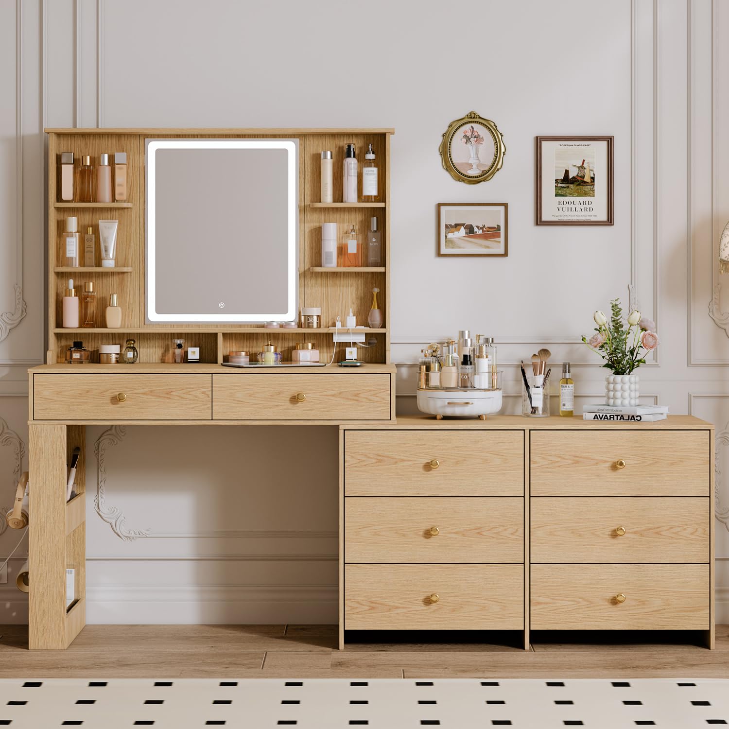 74.8''Makeup Vanity Desk with large mirror and lights&Charging Station,Modern Corner Vanity Table with 8 Storage Drawers and Shelves,Makeup Table for Bedroom,Dressing Table with nightstand,Beige