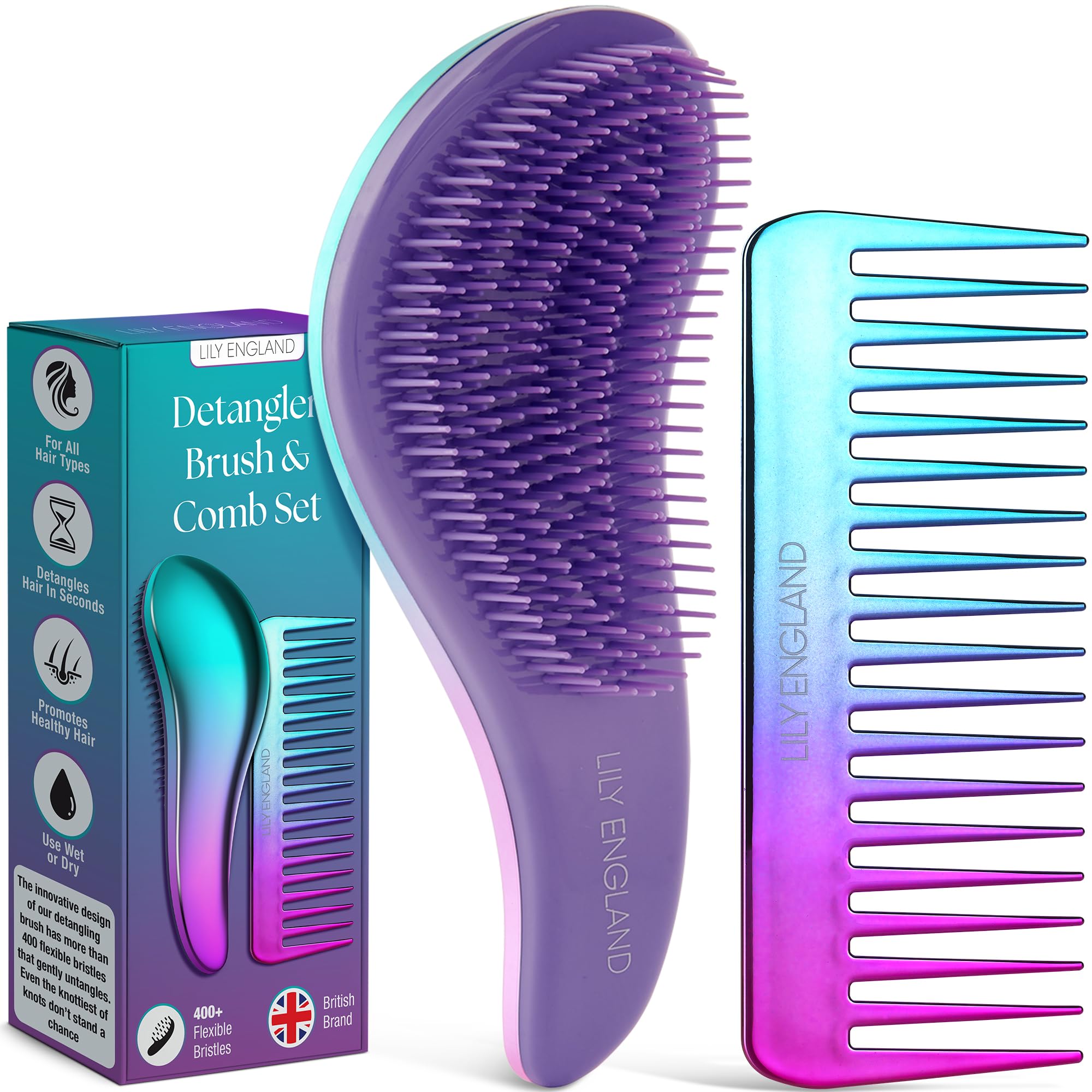 Lily England Detangler Brush & Comb Set - Lightweight Wide Tooth Detangling Tool for Women & Kids - Smooths Curly, Straight, Dry, Fine, & Thick Hair, Purple