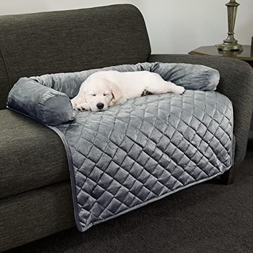 Furniture Protector Pet Cover for Dogs and Cats with Shredded Memory Foam filled 3-Sided Bolster Soft Plush Fabric by PETMAKER – 35” x 35” Gray