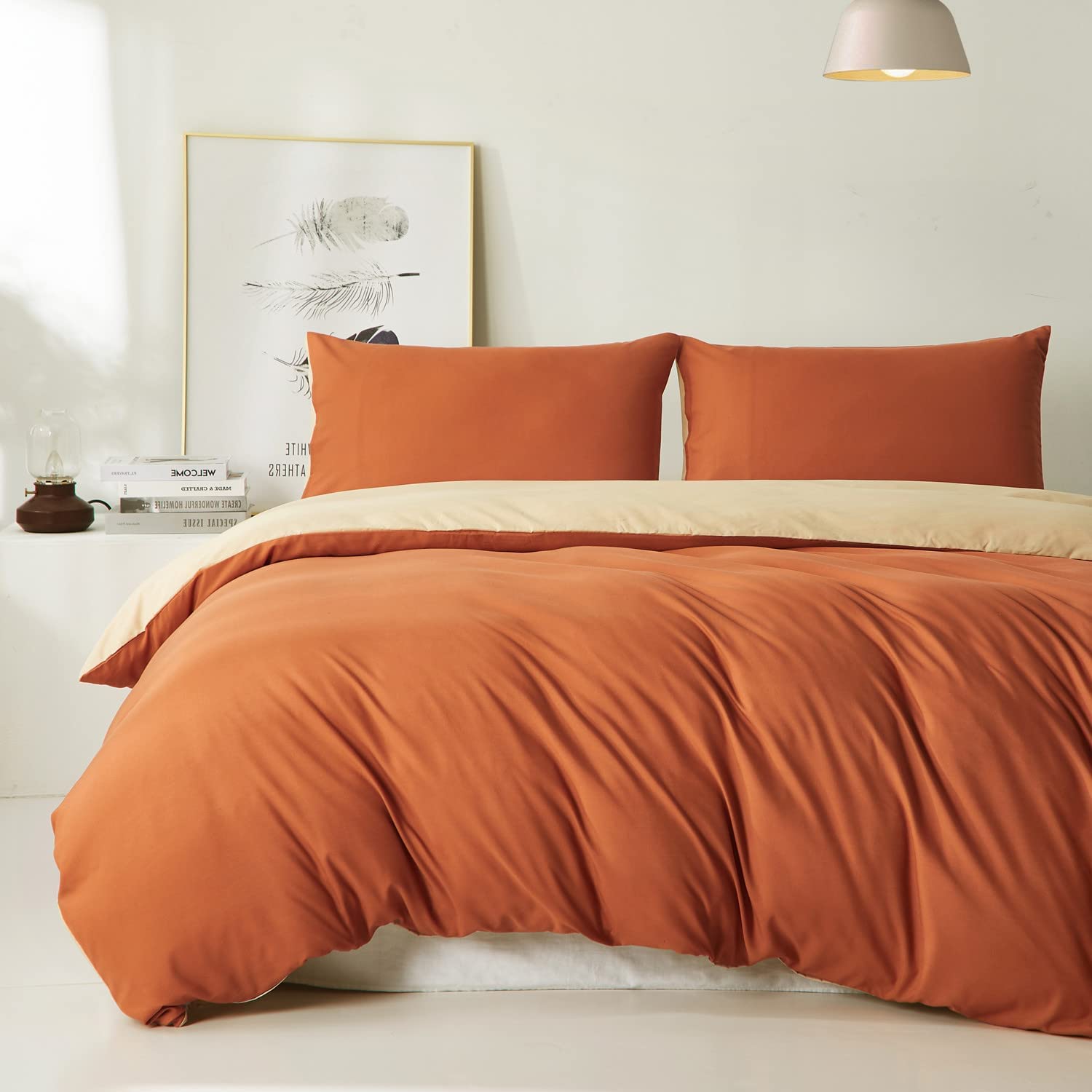 JYhoney Burnt Orange King Duvet Cover Set Caramel Pumpkin Reversible Beige Bedding Set Modern Minimalist Style Rust Solid Color Duvet Covers Soft Microfiber Double Bed Comforter Covers,3pcs