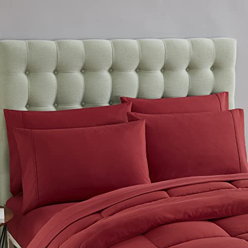 Sweet Home Collection 5 Piece Comforter Set Bag Solid Color All Season Soft Down Alternative Blanket & Luxurious Microfiber Bed Sheets, Red, Twin