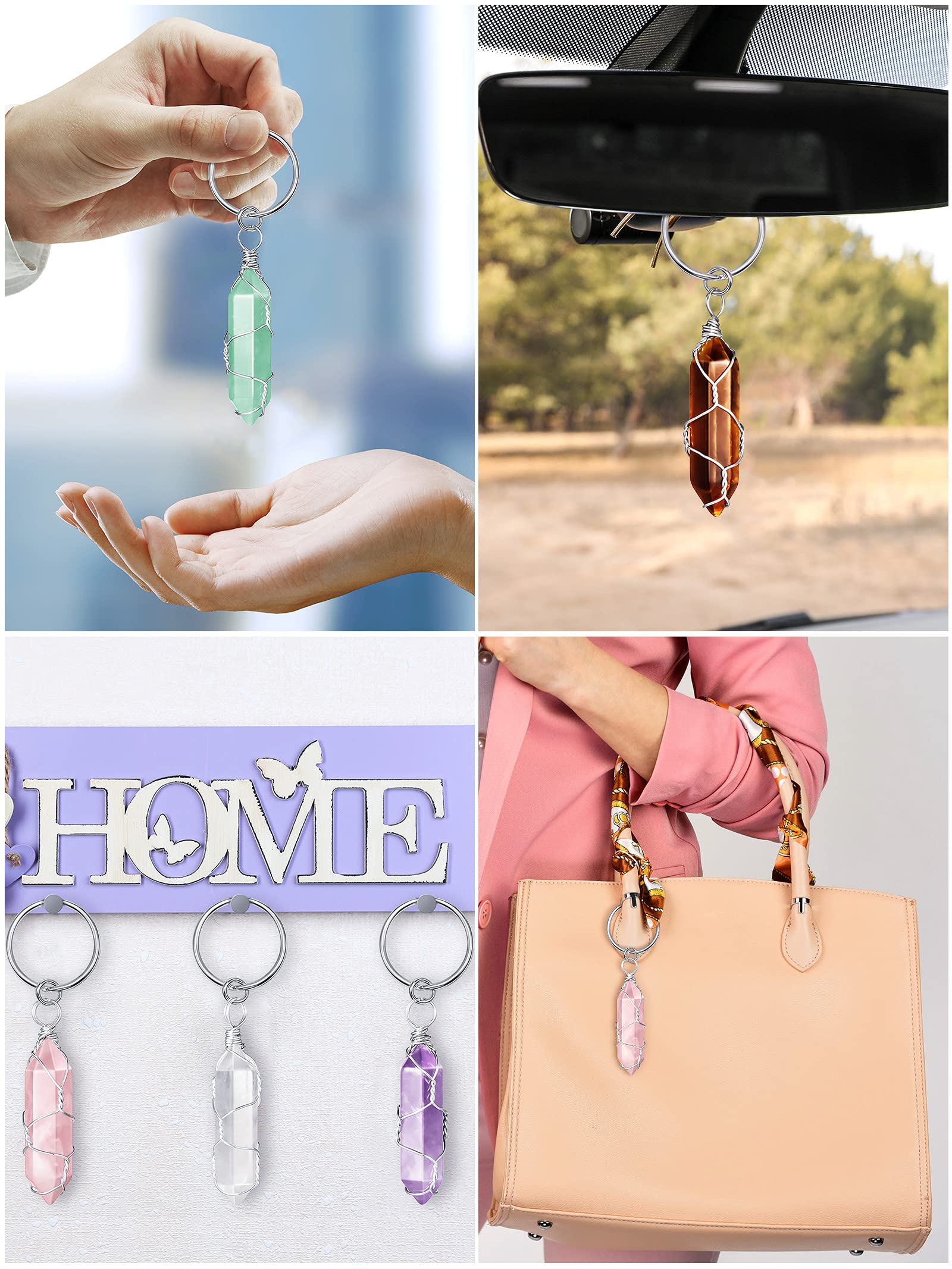 5 Pieces Crystals Stone Keychain Healing Stones Jewelry Hexagonal Crystal Keyring Quartz Pendants Keychain Quartz Crystal Healing Crystal for Women