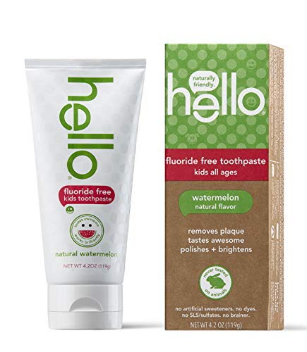 Hello Oral Care Kids Fluoride Free and SLS Free Toothpaste Twin Pack with BPA-Free Kids & Toddler Toothbrush, Natural Watermelon