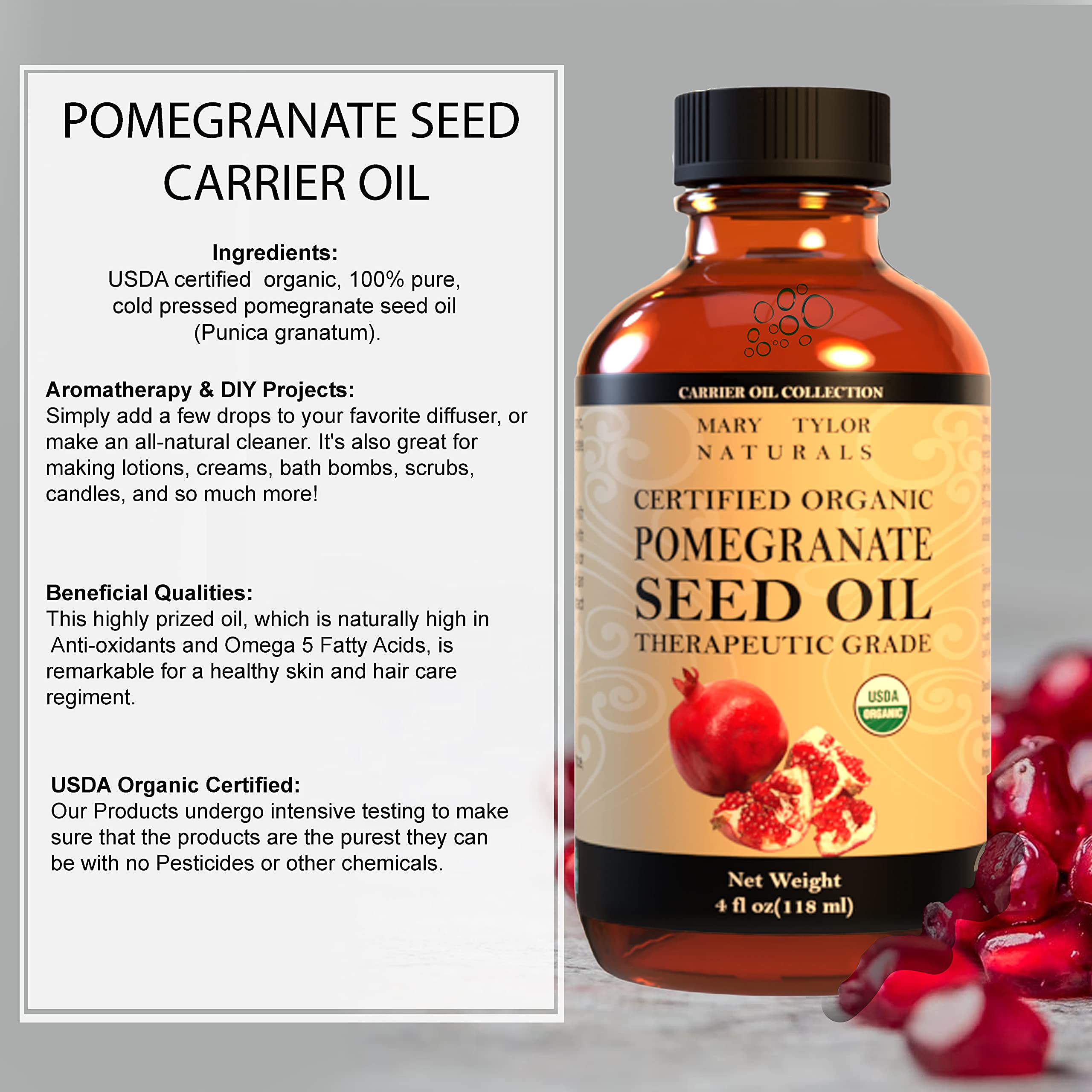 Mary Tylor Naturals Organic Pomegranate Seed Oil (4 oz), USDA Certified, Cold Pressed, Hexane-Free, Antioxidants, can be used for hair, skin, nails and DIY Projects.