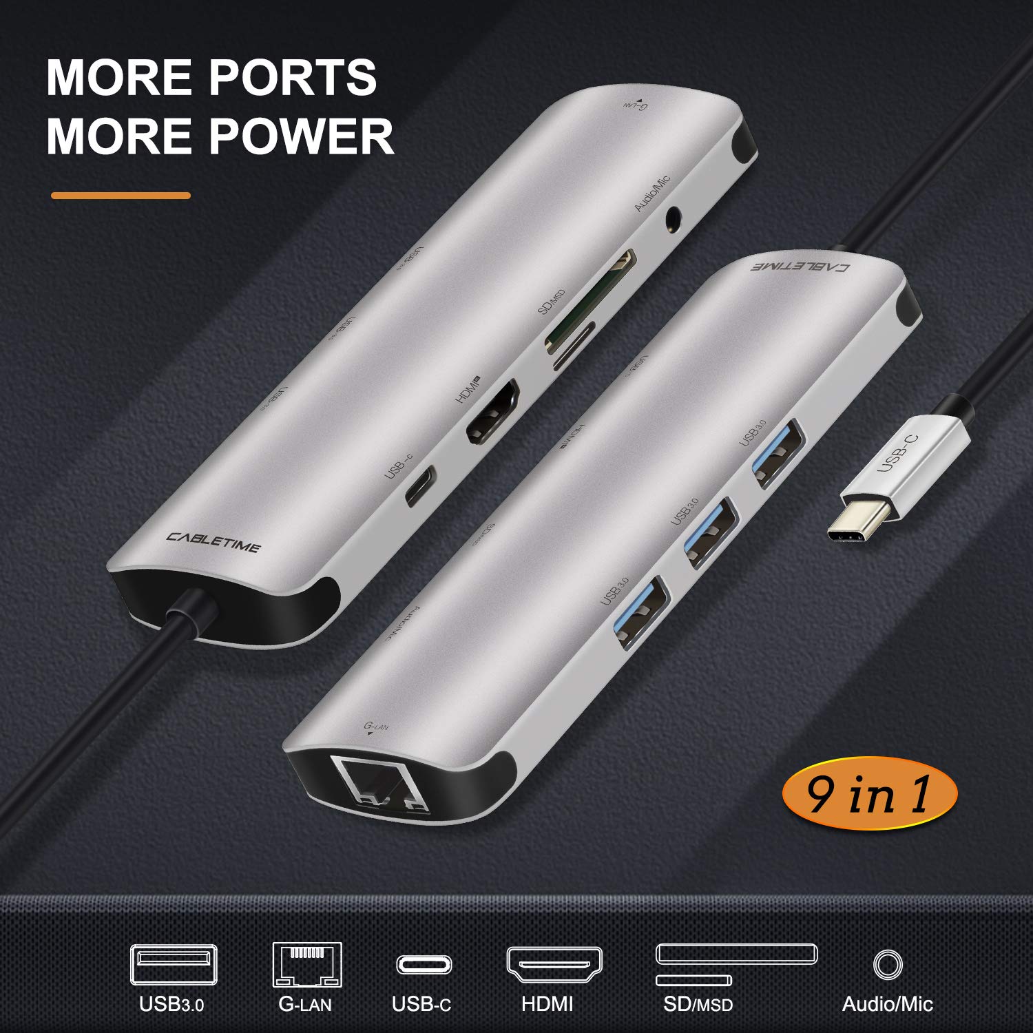 Cabletime 9 in 1 USB Hub (9 in 1(3*USB 3.0 Ports+Audio+HDMI+Type C+MicroSD/SD))