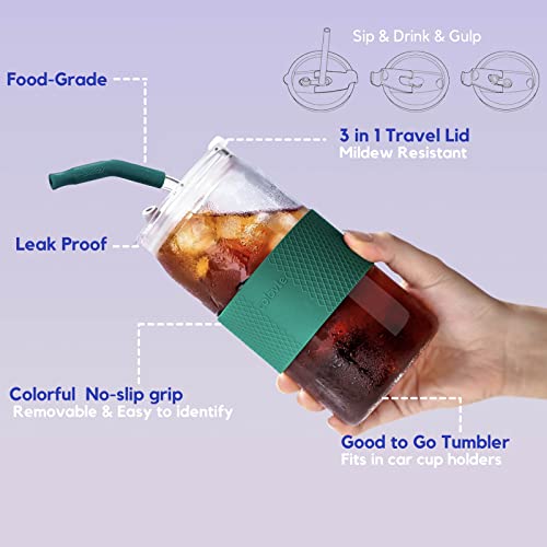 ColoVie Can Shaped Drinking Glass Cups with Lids and Glass Straws 6pc Set-16oz Travel Glass Tumbler Cup with Silicone Protective Sleeve, Iced Coffee Cup, Soda Beer Drinking Jars, Securely Boxed-Gift