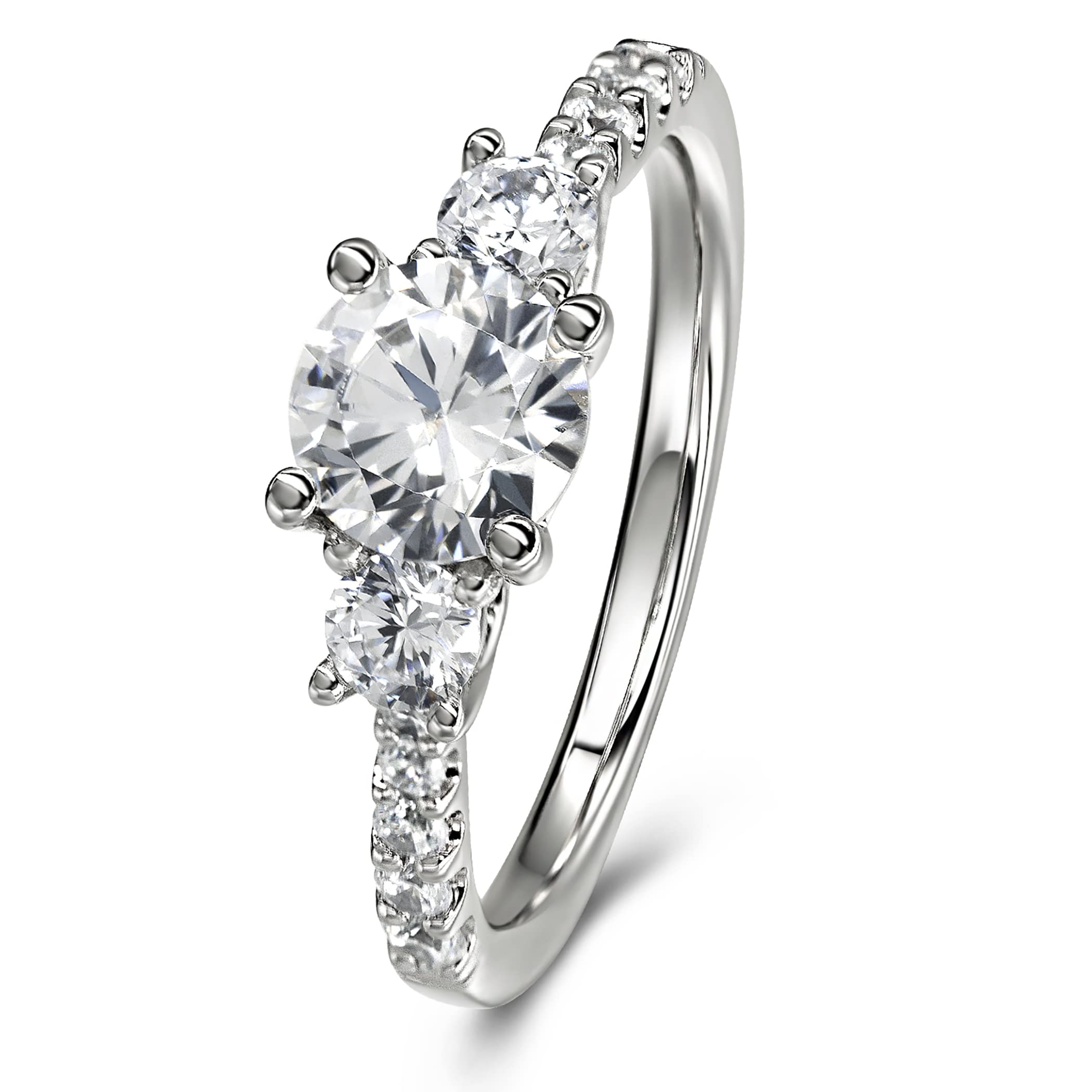 3 Stone 1ct Petite Micropavé Trio D Color VVS Moissanite Engagement Rings for Women Silver Moissanite Engagement Ring (8)