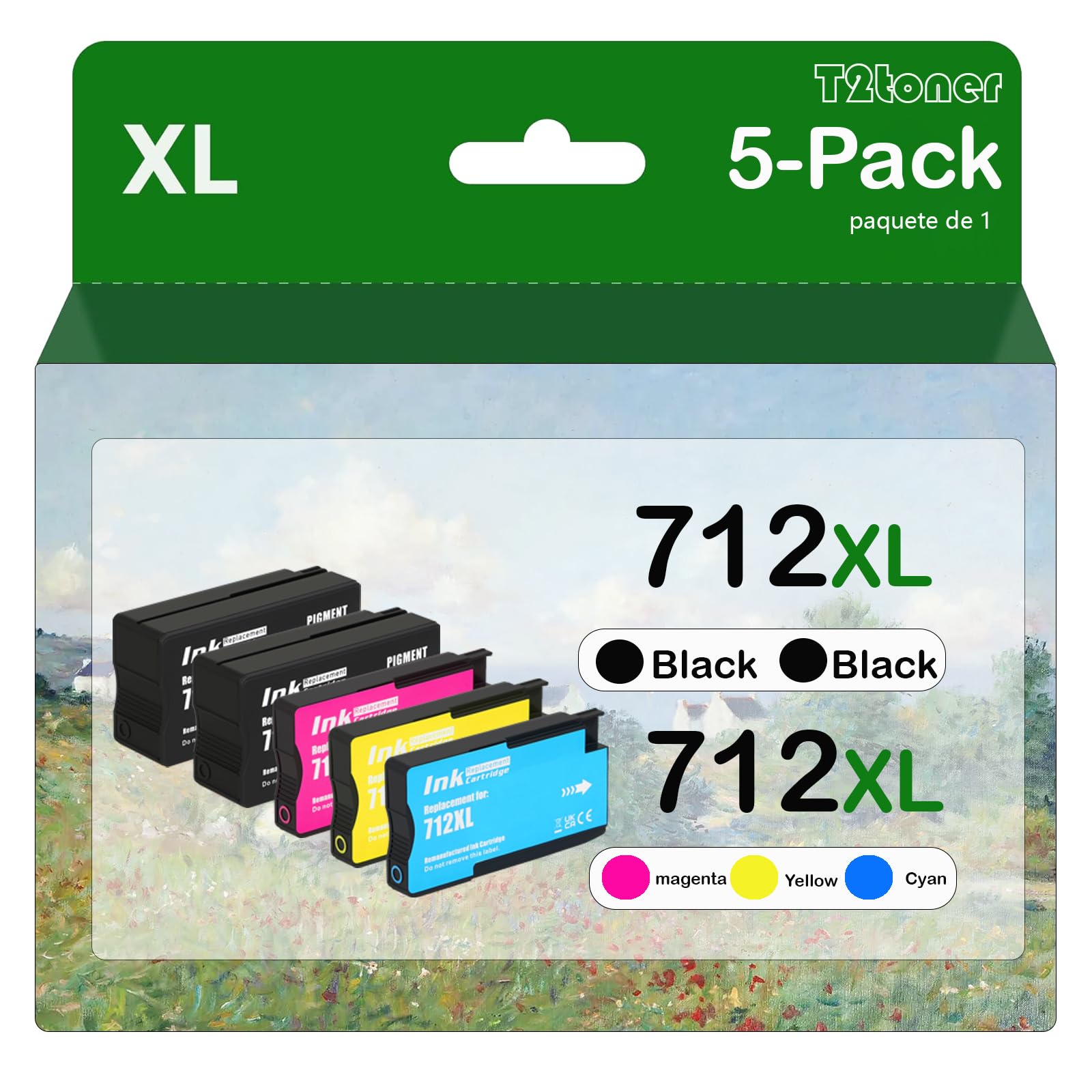 712XL Ink Cartridges Remanufactured 5PK 712 Ink Cartridge 80ml Replacement for HP DesignJet T650 T630 T250 T230 T210 Studio Plotter Printer(2X Black,1x Cyan,1x Magenta,1x Yellow)