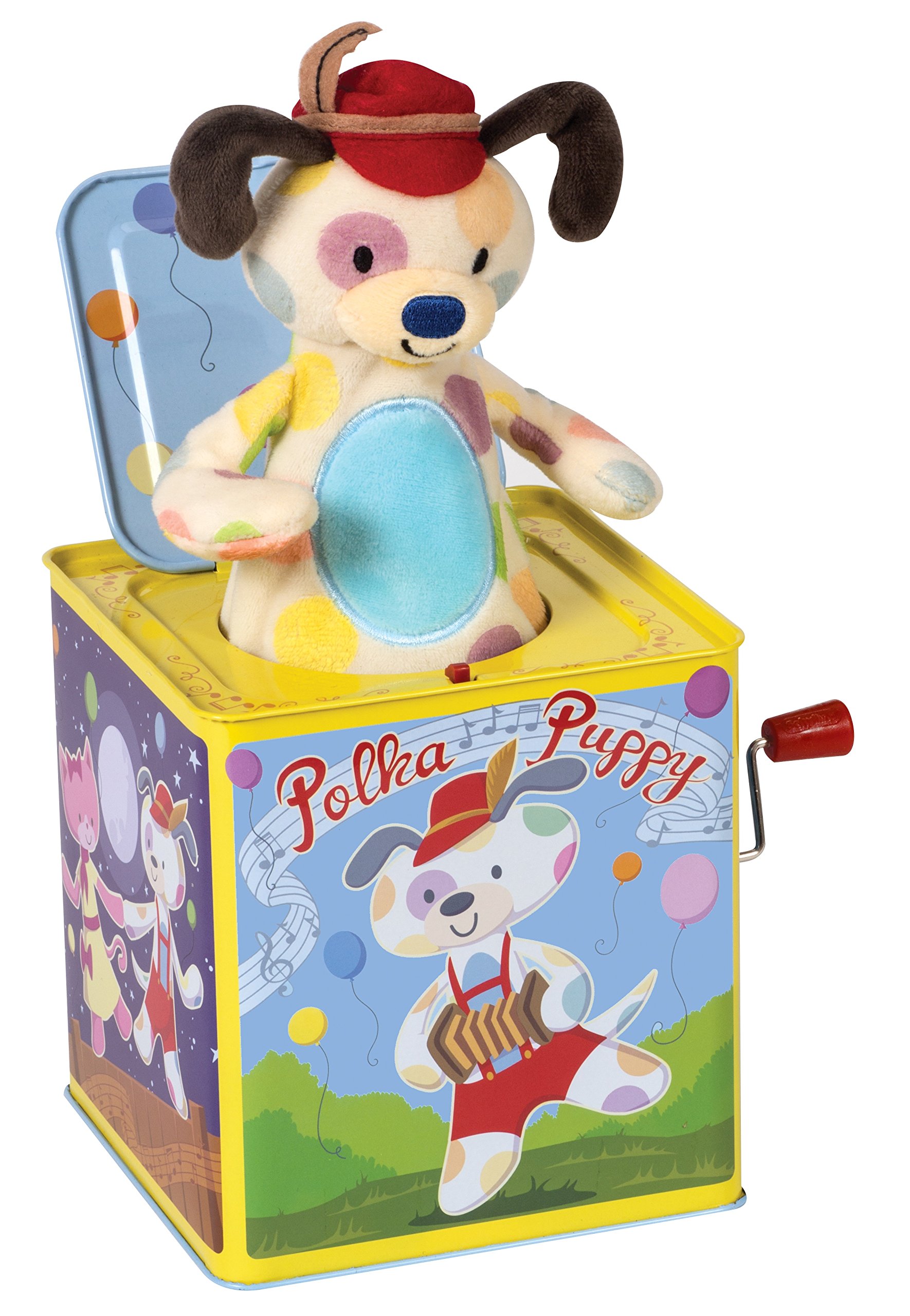 Schylling Polka Puppy Jack in the Box - Classic Children's Musical Toy that Dances - Colorful Embossed Tin Box and Lovable Puppy Plush - Age 18 months and Up