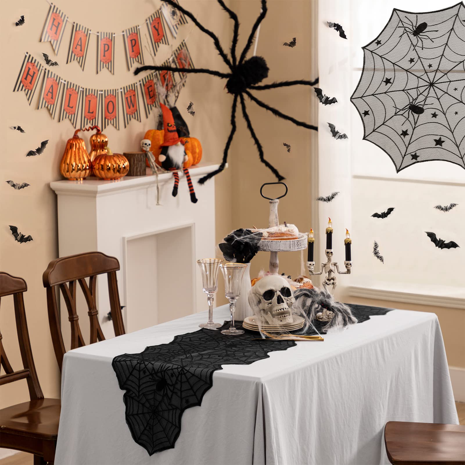 5 Pack Halloween Decorations Tablecloth Set, Black Lace Table Runner Round Spider Cobweb Table Cover Fireplace Mantel Scarf Spiderweb Lampshade with 48pcs Scary 3D Bat for Halloween Party Decor